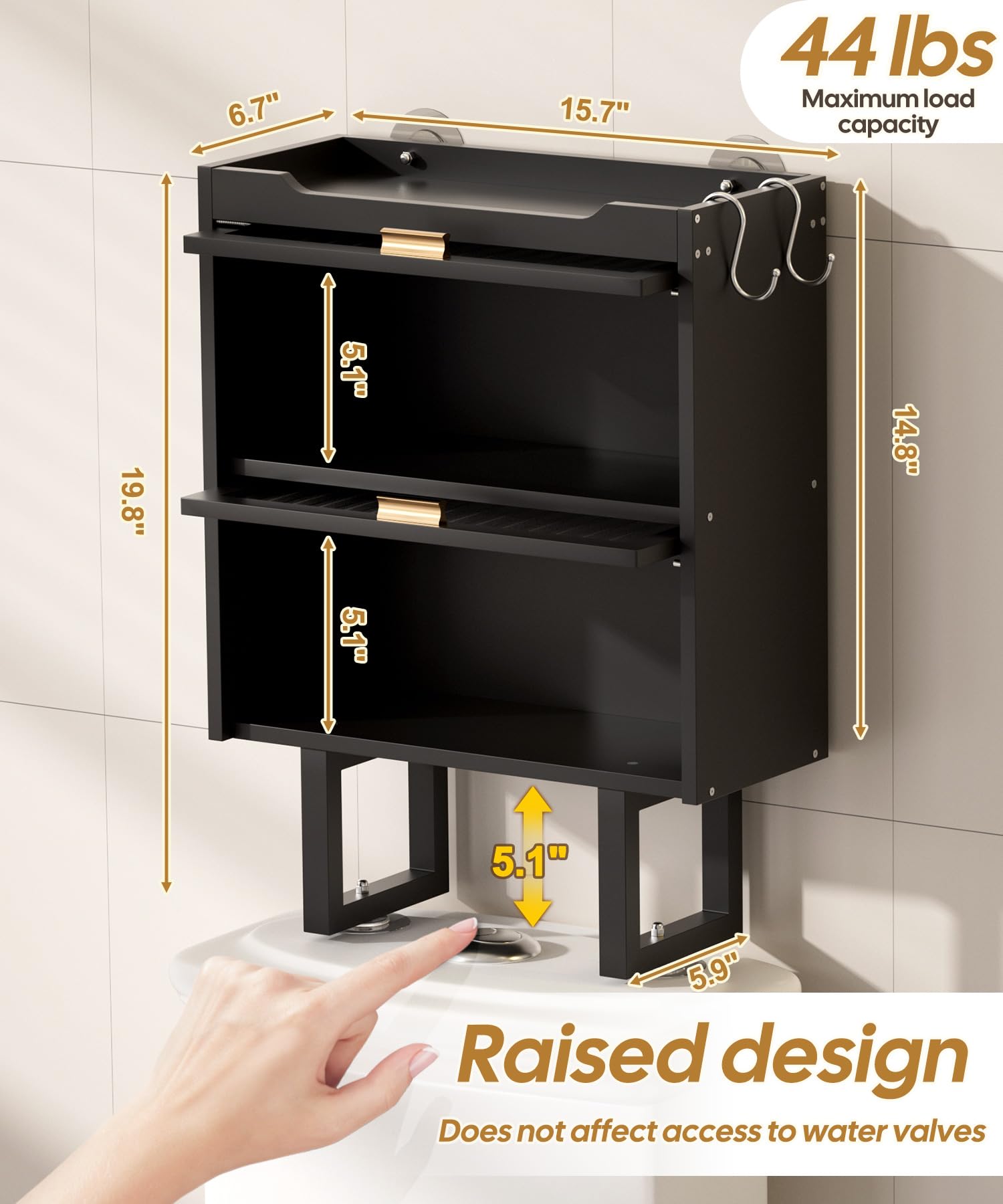 Cozivolife Over The Toilet Storage Cabinet,Bamboo Bathroom Organizer Rack with Lid and 2 Hooks,Space Saver Shelf for Bathroom,No Drilling Design Wall Mounted (Black, L)