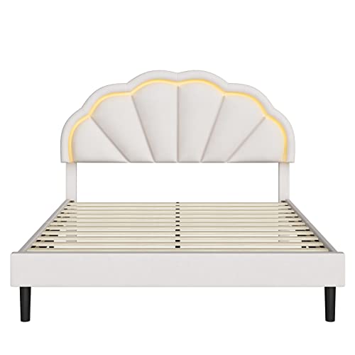 HIFIT Queen Upholstered Smart LED Bed Frame with Adjustable Elegant Flowers Headboard, Platform Bed Frame Queen Size with Wooden Slats Support, No Box Spring Needed, Easy Assembly, Beige