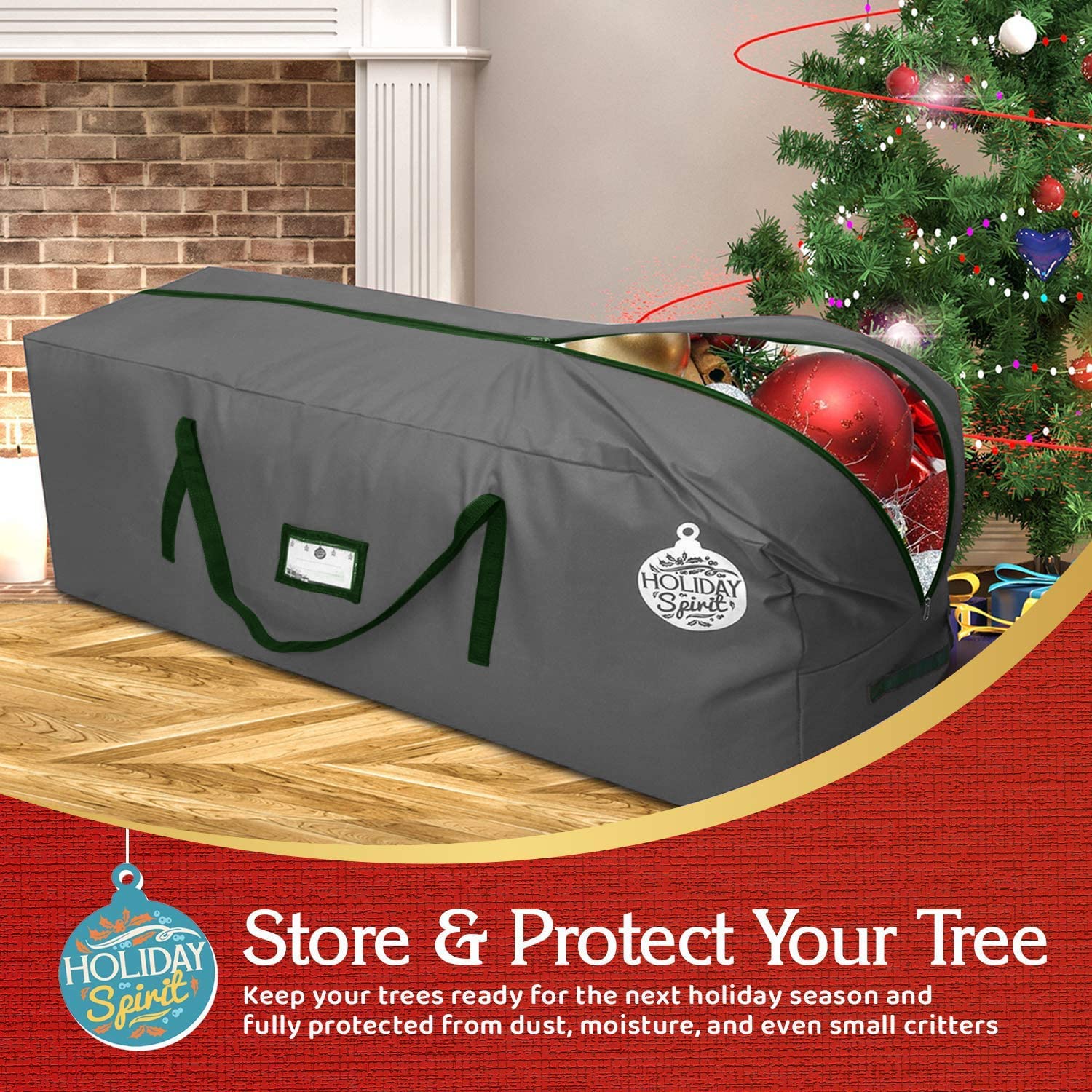 HOLIDAY SPIRIT Christmas Tree Storage Bag - Heavy-Duty Christmas Tree Bag with Durable Reinforced Handles and Zipper, Waterproof Storage Bag Protects from Moisture and Dust (Fits a 7.5FT Tree)