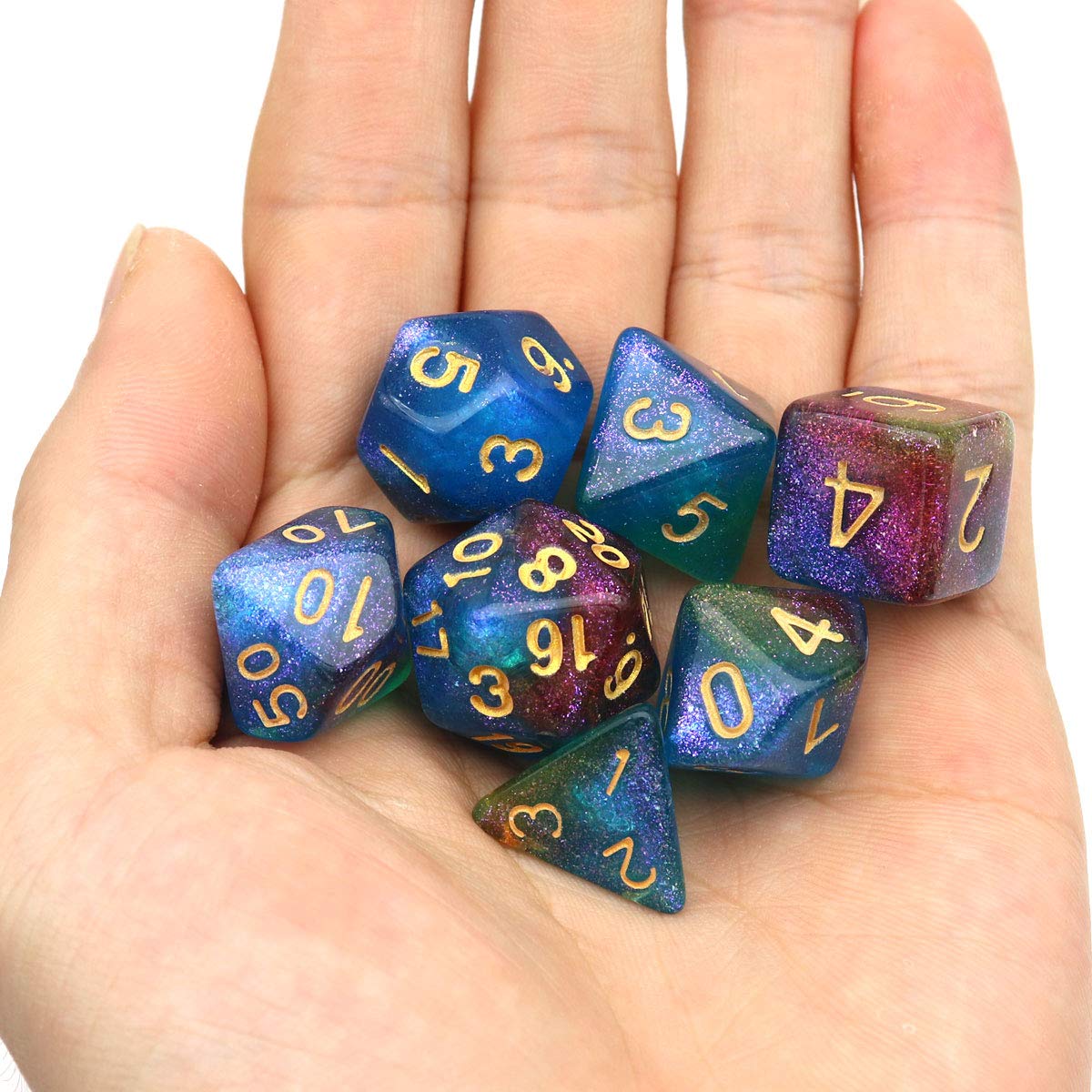 Haxtec Iridescent Glitter DND Dice Blue Green Purple Color Changing Polyhedral D&D Dice for RPGs-Mermaid