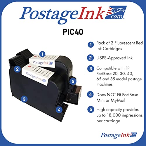 PostageInk.com PIC40 Product # 58.0052.3028.00 Non-OEM Replacement Ink Cartridge for use with FP PostBase 20, 30, 45, 65 and 85 Model Postage Meters (2 Pack)