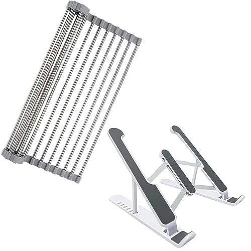 HIGEEK Roll Up Dish Drying Rack Over The Sink Dish Rack Kitchen Rolling Dish Drainer Over Sink(17.5''x13.7'')+Adjustable Laptop Stand for Desk, Portable Computer Stand Laptop Riser for Deskļ¼Whiteļ¼