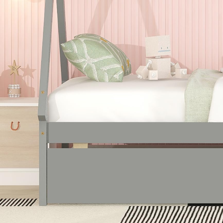 Linique Twin Size Tent Floor Bed,Teepee Bed with Pull-Out Trundle,Wooden Twin Bed Frame for Bedroom,Natural