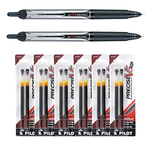 Pilot Precise V5 Rt, 2 Pens 26062 with 6 Packs of Refills, Black Ink, 0.5mm X-fine.