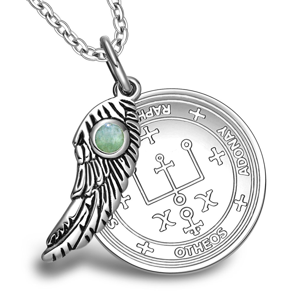 Archangel Raphael Sigil Amulet Magic Powers Angel Wing Charm Green Quartz Pendant 18 Inch Necklace