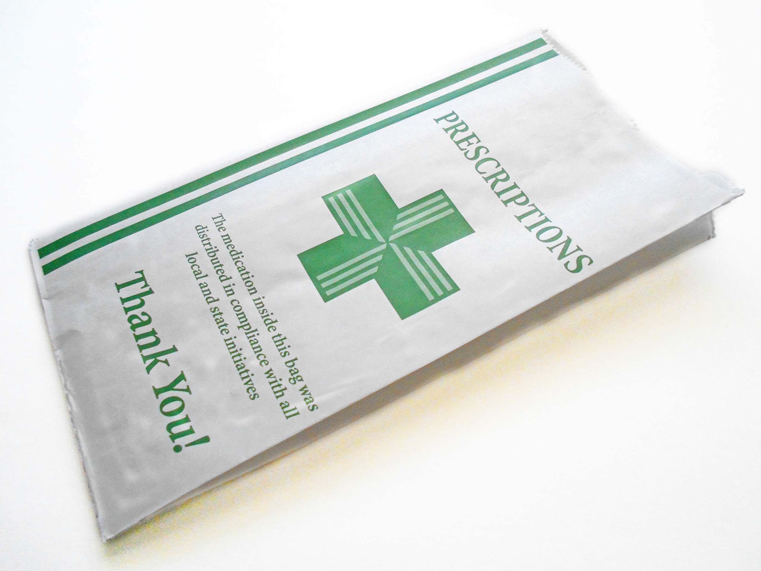 Green Health Cross - Dispensary Prescription Bags (10x5x2) Gusseted Paper Pharmacy Bag, Medication Packaging for Drug Stores, Designed with Collectives in Mind - With Compliance Statement (100)