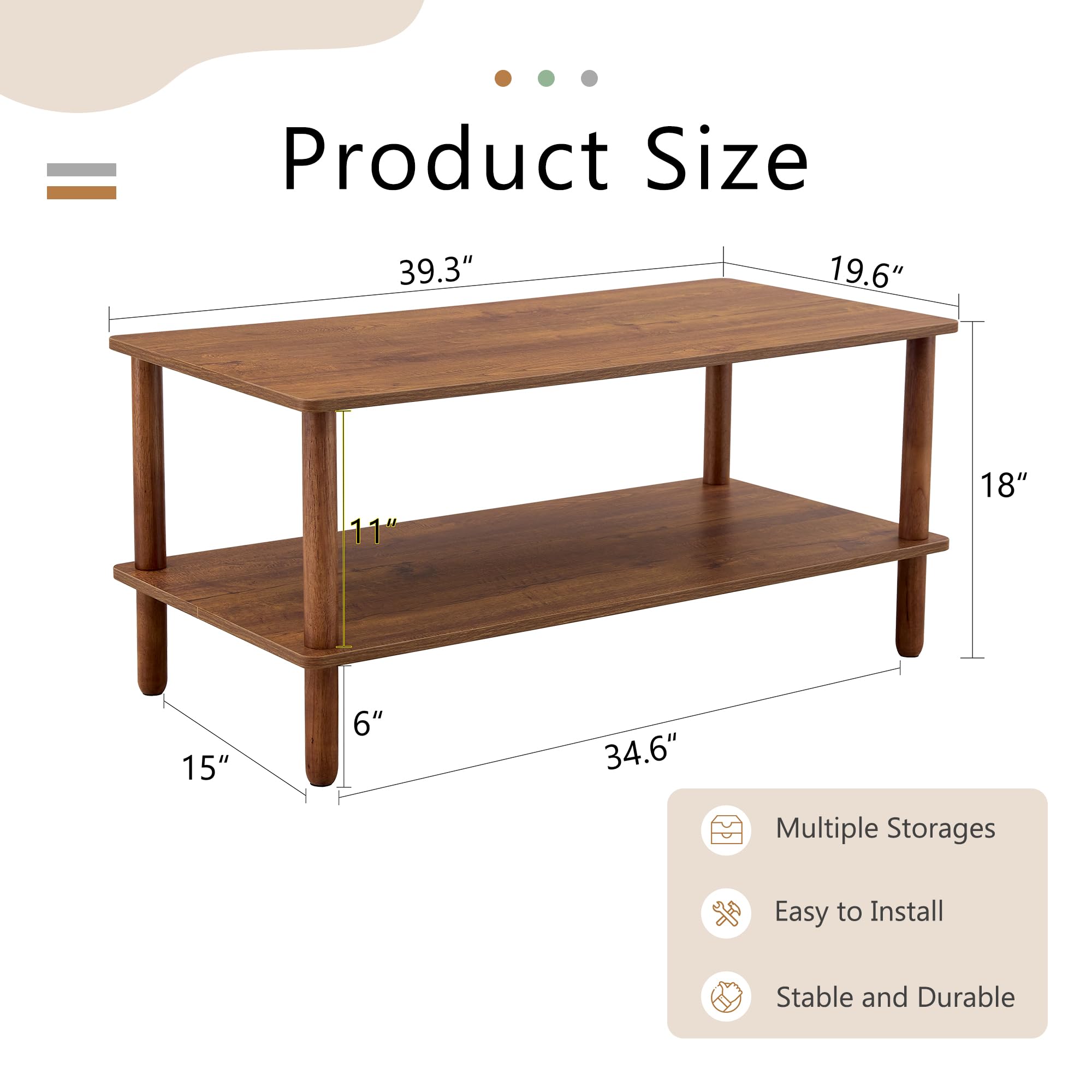 GIA Modern 2-Tier Coffee Table with Open Storage Shelf, Rectangular Living Room Center Table with Rounded Rubberwood Legs, Durable & Stable Wooden Furniture,Walnut Brown