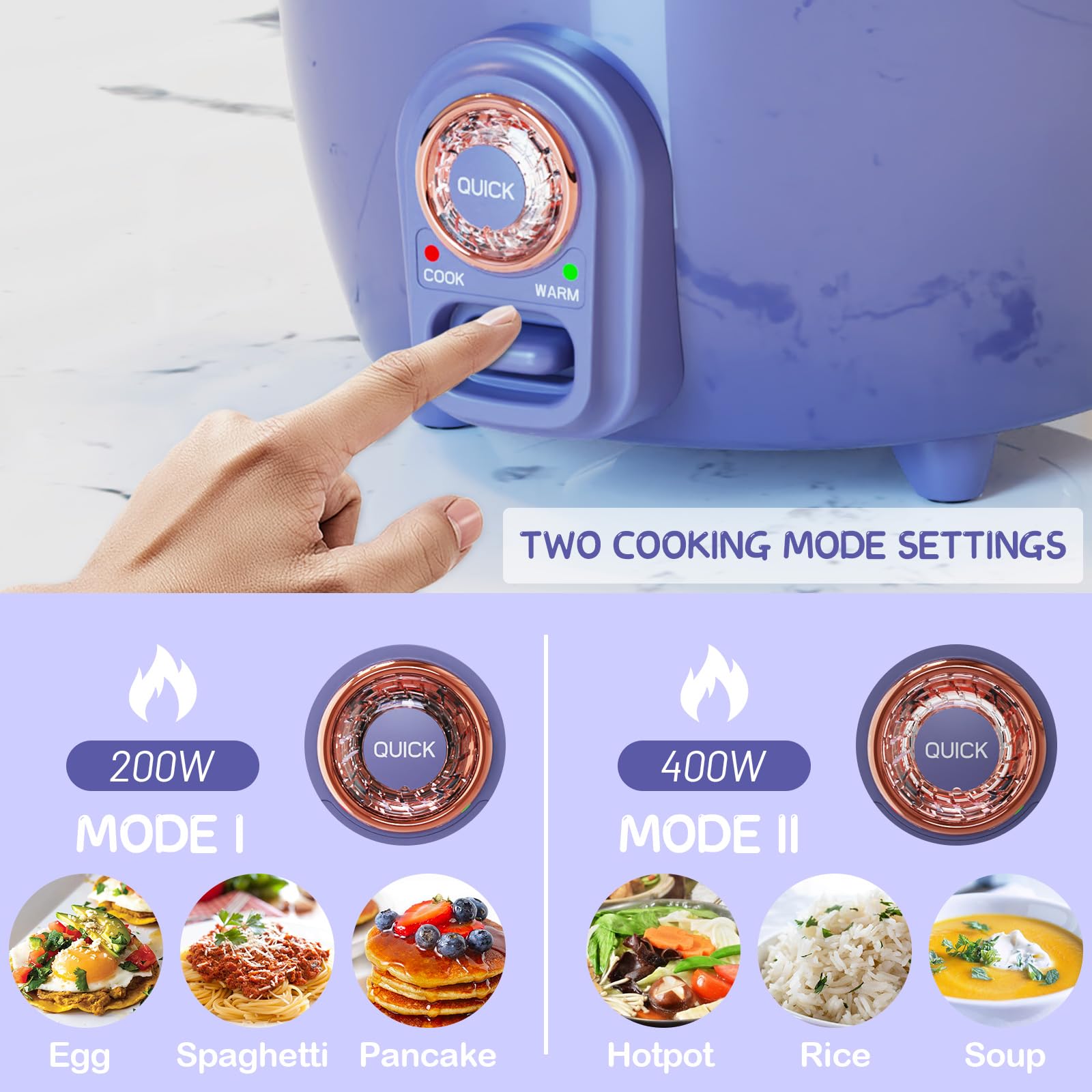 Macook Rice Cooker Small with Food Steamer, Rice Cooker 4 Cups Uncooked (8 Cups Cooked), 2.0L Portable Non-Stick Small Travel Rice Cooker, Two Cooking Mode Setting, Slow Cook Mode