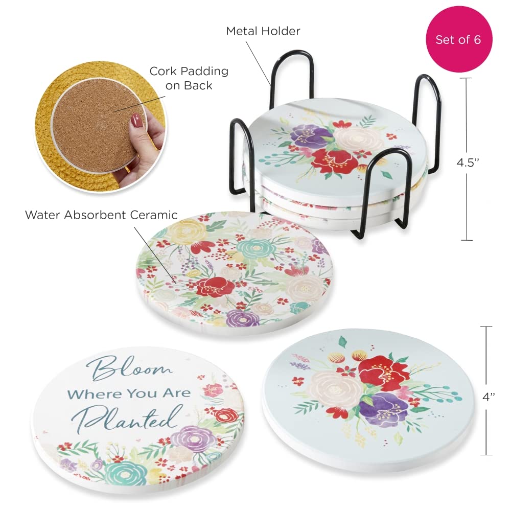 Kate Aspen Garden Blooms Ceramic Drink Coasters with Holder (Set of 6), Boho Home Decor & Gift Set, Party Favor, Take Home Gift, Housewarming Gift