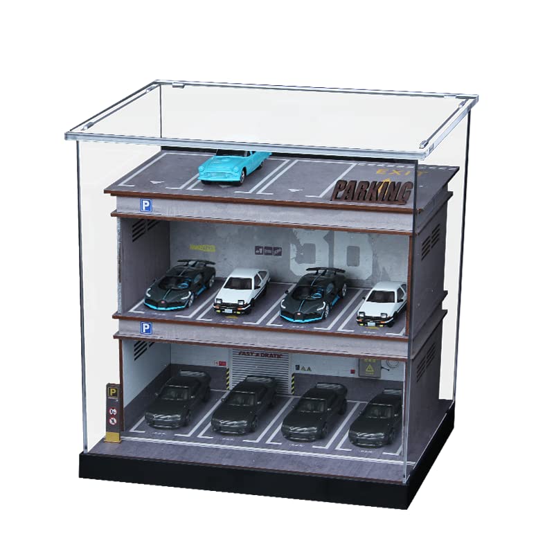 Hot Diecast Wheels Display Case - 1/64 Scale Die-cast Model Car Display Case with LED Light and Acrylic Cover, Wooden Parking Garage in 3 Floors with 10 Parking Spaces (86)
