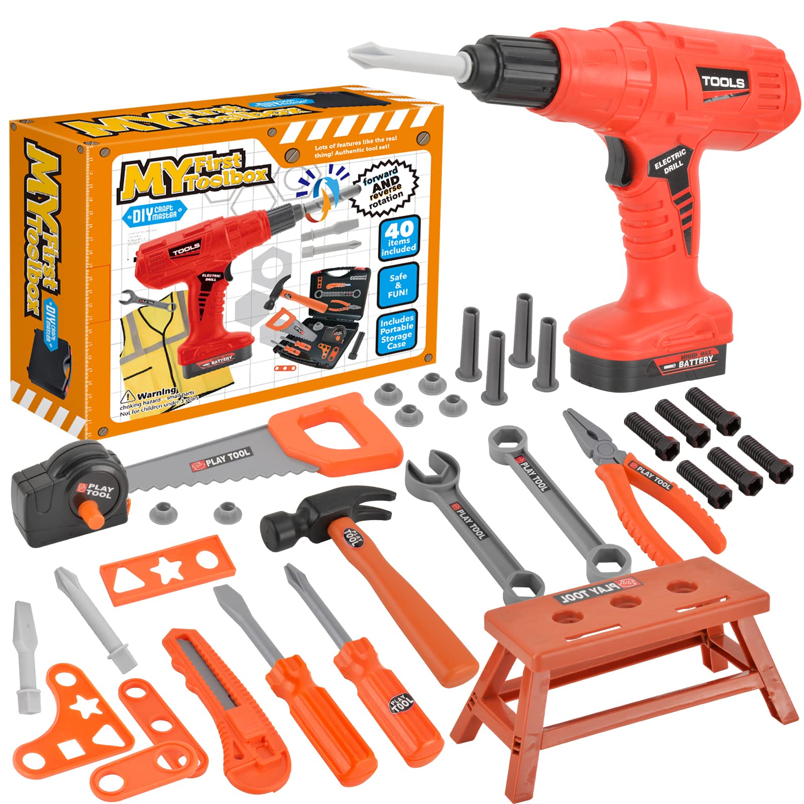 Amagoing Kids Tool Set,40 PCS Toddler Tool Set with Electric Power Drill & Tool Box,Toys Kit Working Overalls, DIY Toys Construction Tools, Pretend Play Tools Gift for Boys Girls Ages 3, 4, 5, 6, 7, 8