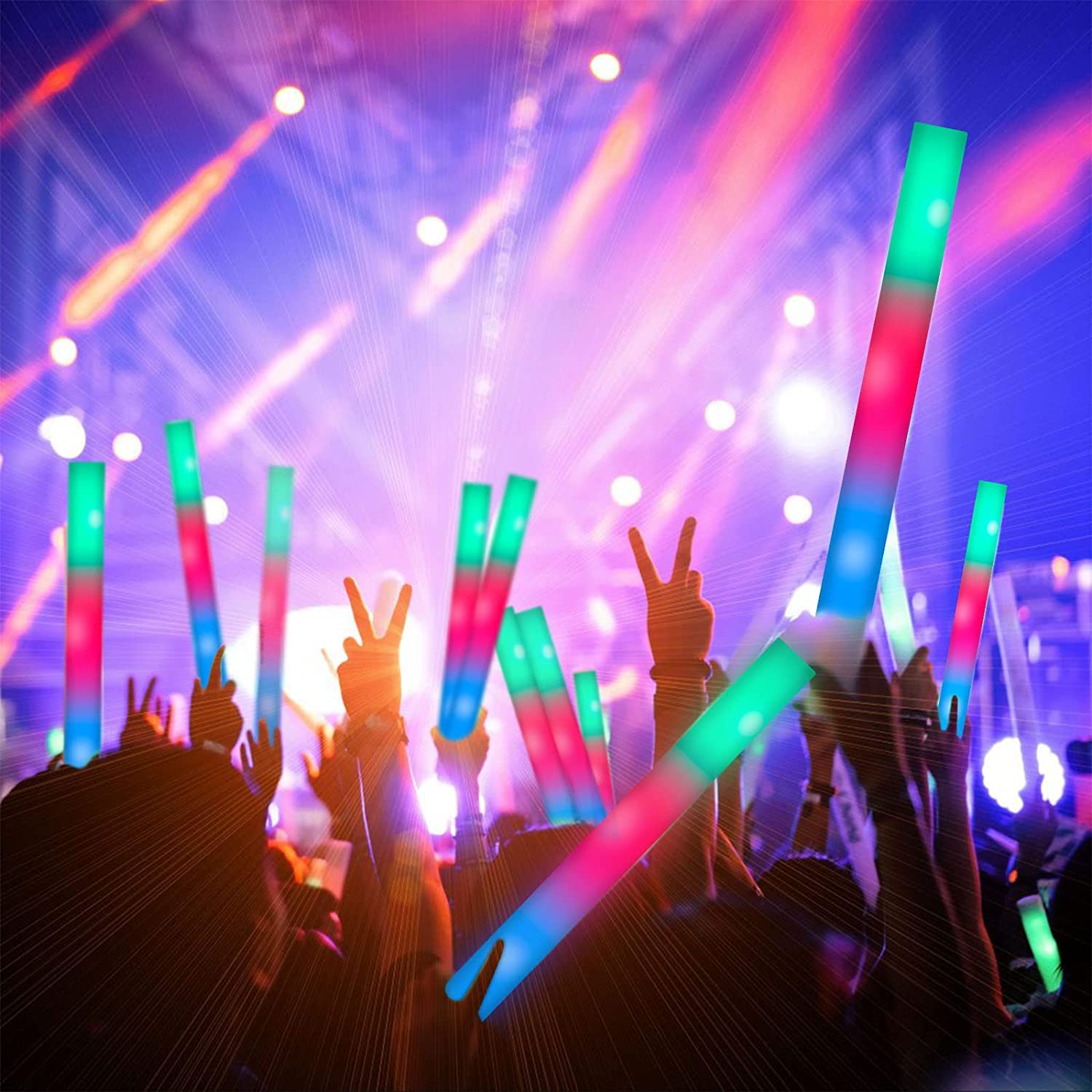 SHQDD 100 Pack LED Glow Sticks for Wedding, Bulk Foam Glow Sticks with 3 Modes Colorful Flashing, Glow Stick Bulk Party Pack for Wedding, Raves, Concert,Camping, Sporting Events, Pool Party