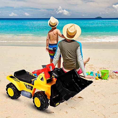 Giantex Ride On Bulldozer Truck for Kids, Excavator Digger Construction Vehicles, Pretend Play Sliding Tractor, w/ Multiple Sounds, Push Bucket, Low Seat, Anti-Skid Tires, Front Loader Ride-On Large