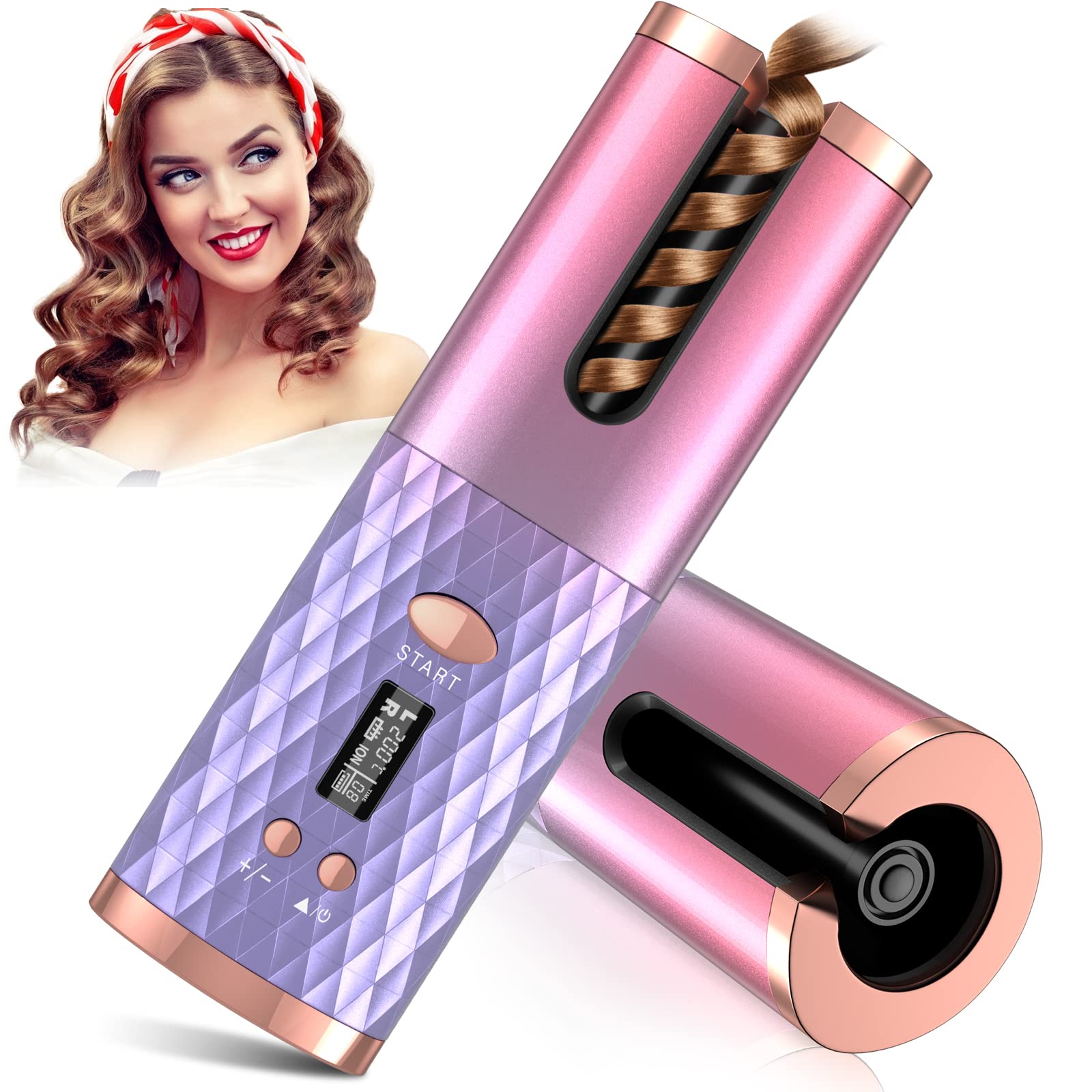 Automatic Curling Iron, Cordless Auto Hair Curler, Rotating Iron with 6 Temps & Timer, Portable Rechargeable Ceramic Barrel Wave Wand, Fast Heating Spin Irons for Styling