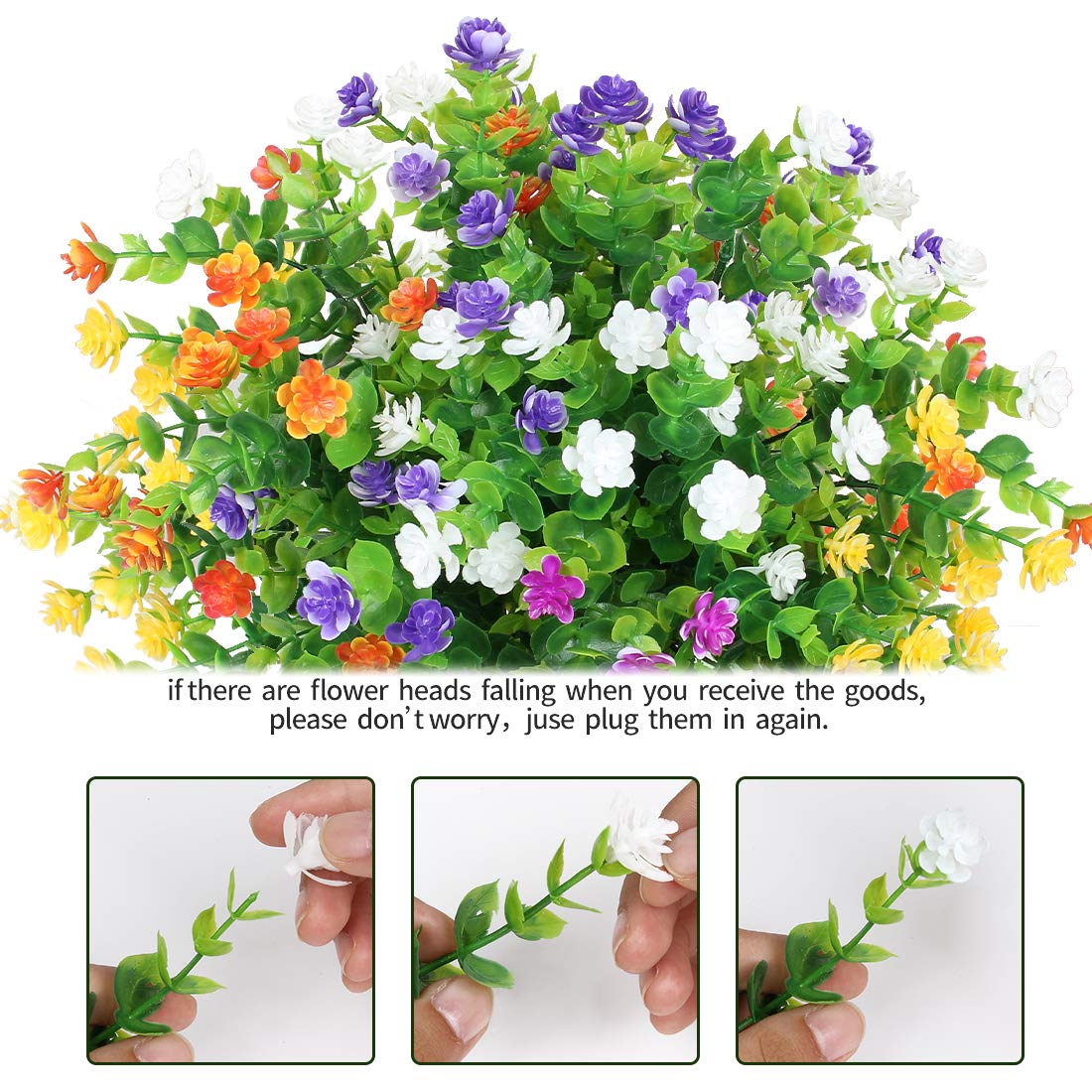 Flojery 6Pcs Artificial Flowers UV Resistant Fake Flower Greenery Eucalyptus Plants with Flower for Porch Window Box Home Garden Decor (White)