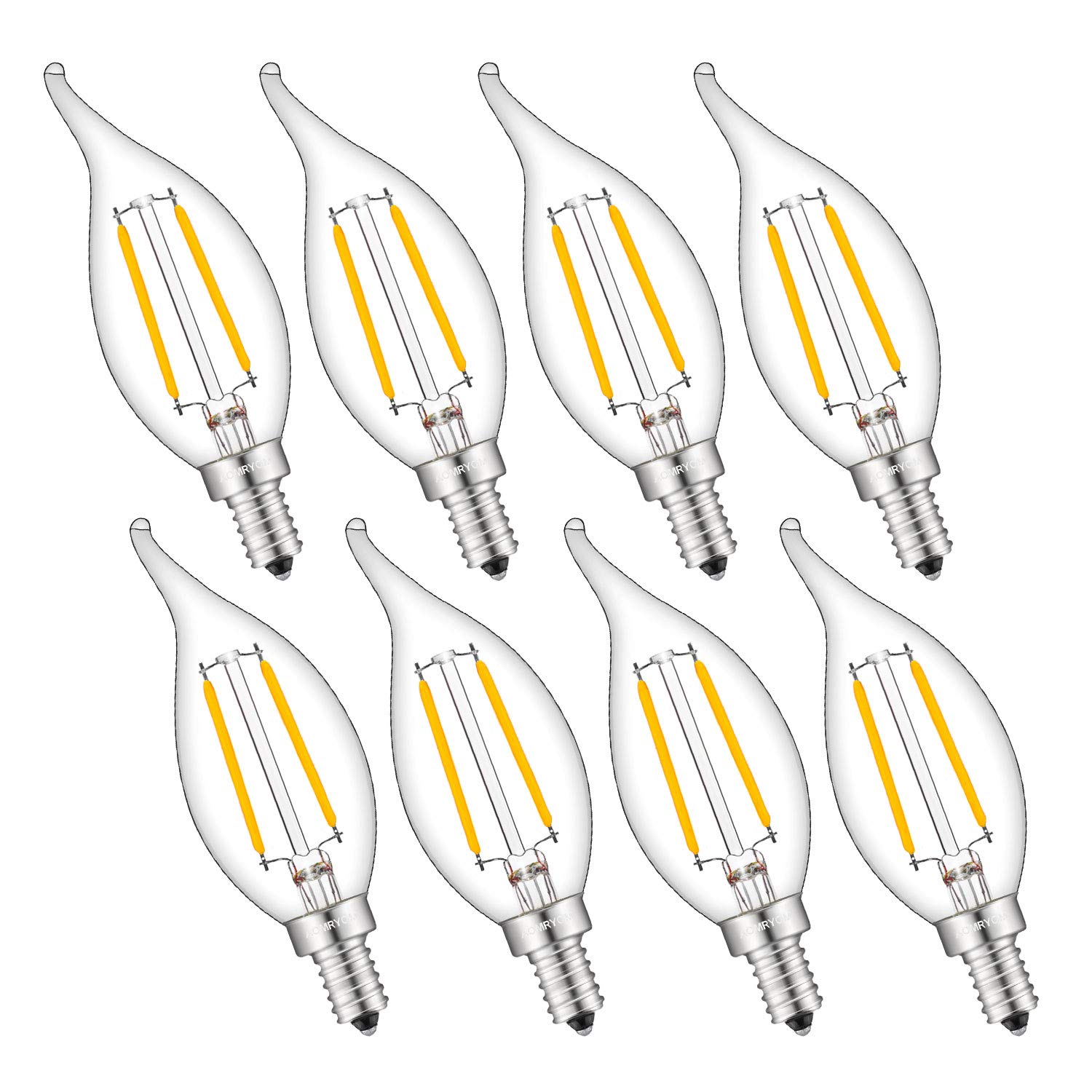 AOMRYOM 2W Candelabra LED Filament Bulb 25W Equivalent 3000K Warm White, E12 Base LED Chandelier Bulbs, Antique Style CA11 Clear Glass Candle Light Bulbs, Non-Dimmable, Pack of 8