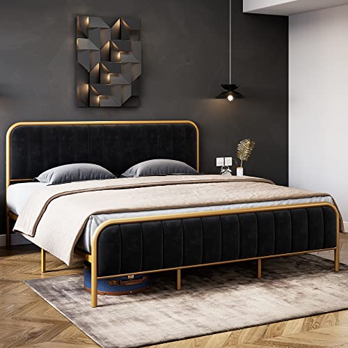 Senfot King Size Bed Frame with Gold Metal Frame, Modern Platform Bed, Noise Free Design, Wood Slats Support, No Box Spring Needed, Easy Assembly in Black