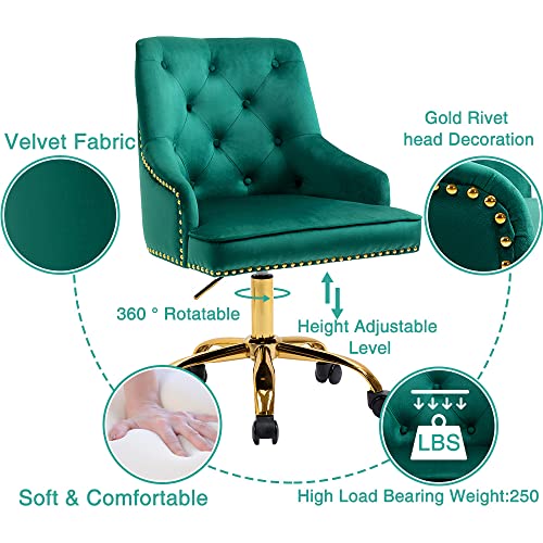 Home Velvet Office Chair Tufted Computer Desk Chair Swivel Adjustable Accent Vanity Chair with Arms Nailhead Trim for Bedroom