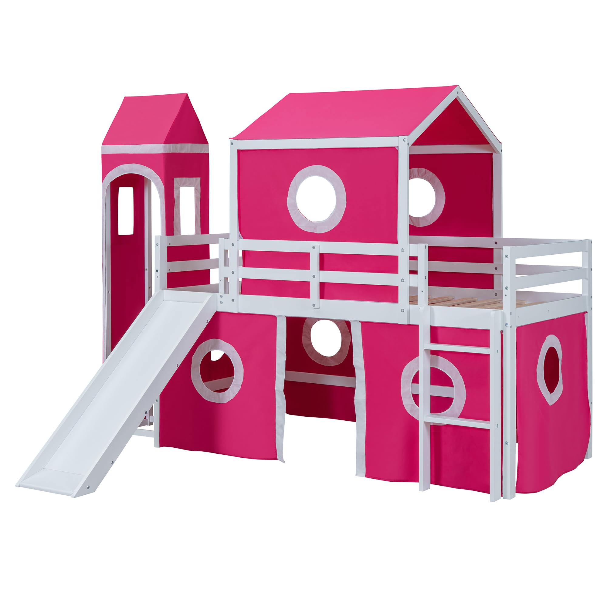 Full Size House Loft Bed Kids Loft Beds with Slide, Tent and Tower, Solid Wood Loft Bed with Small Pinnacle for Kids Girls Boys Teens (Pink)