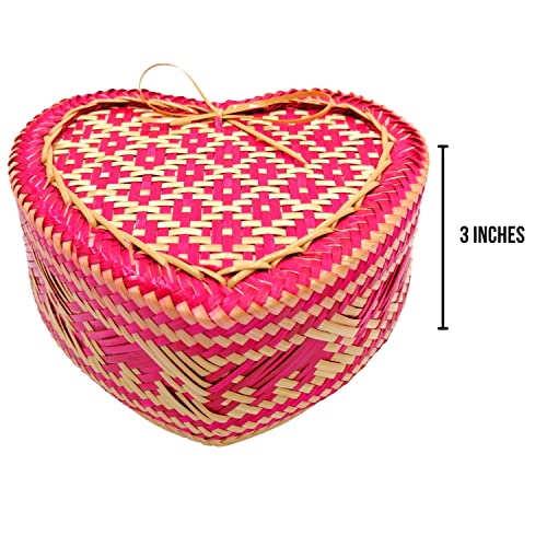 FOREVER 1 β Bamboo Sticky Rice Serving Basket 6.2 x 5.2 Inch, Kratip, Intricately Woven Container, Heart-Shaped, Elephant Weave Pattern, Bright Pink, Thailand Handmade, Dyed with Natural Based