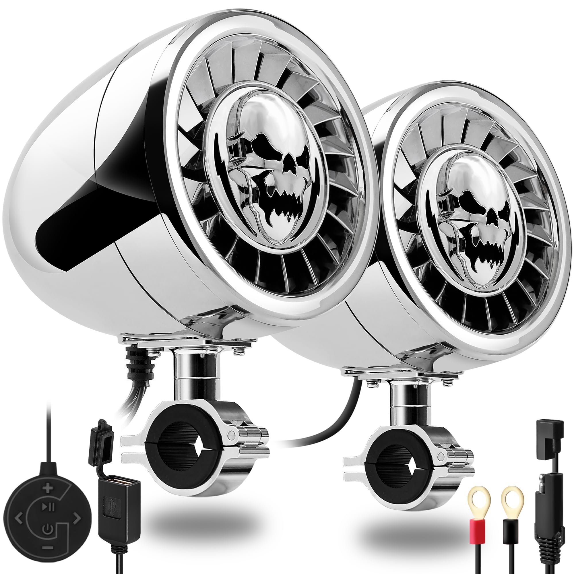 GoHawk AS5-X All-in-One 600W Built-in Amplifier 5 in. Full Range Waterproof Bluetooth ATV RZR UTV Stereo Speakers Audio Amp System AUX USB, 1.5 to 2" Rollcage Bar Polaris 4 Wheeler Can-Am