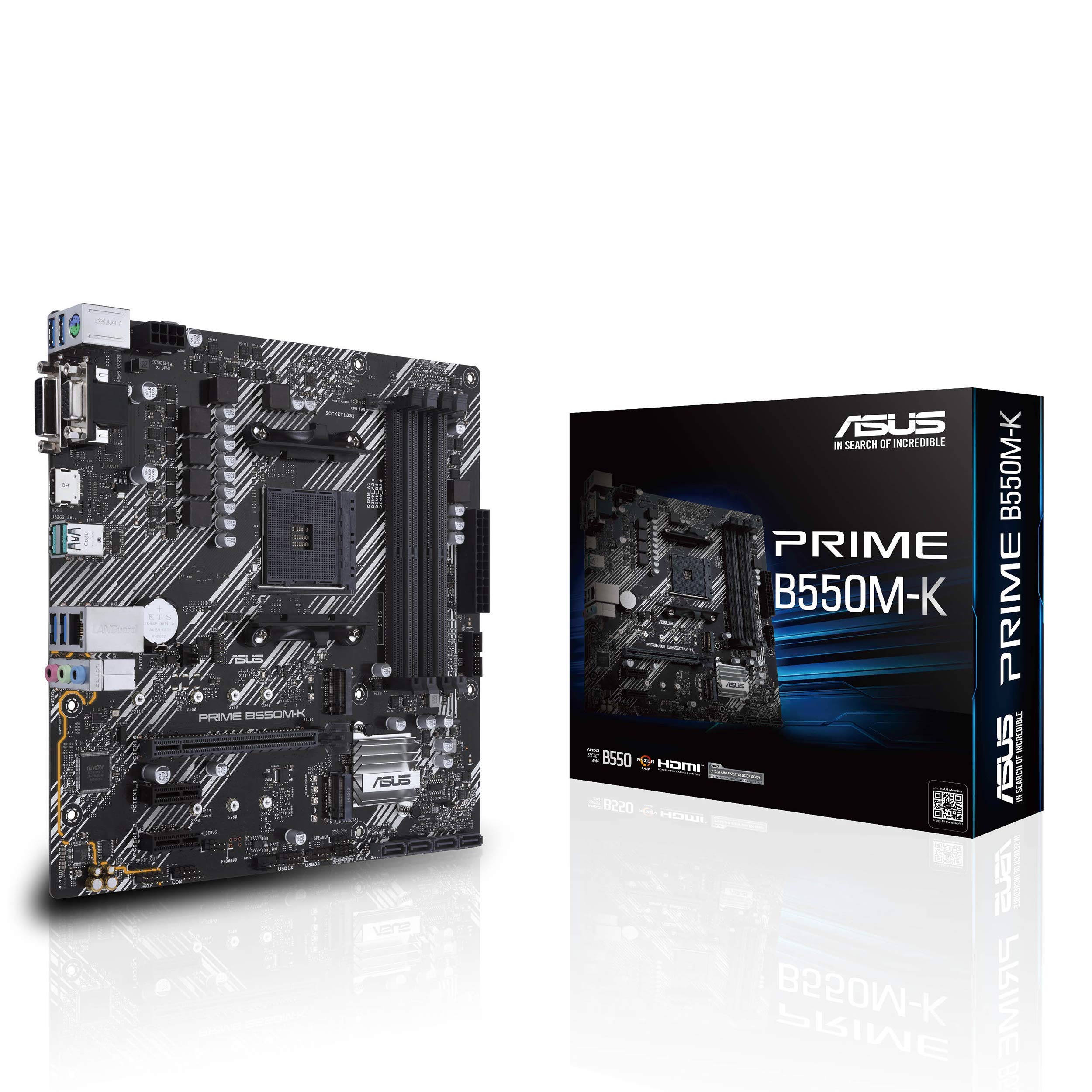 ASUS Prime B550M-K AMD AM4 Zen 3 Ryzen 5000 & 3rd Gen Ryzen Micro-ATX Motherboard (PCIe 4.0, ECC Memory, 1Gb LAN, Dual M.2, USB 3.2 Gen 2 Type-A,HDMI 2.1 4K@60Hz, DVI, D-Sub) Silver