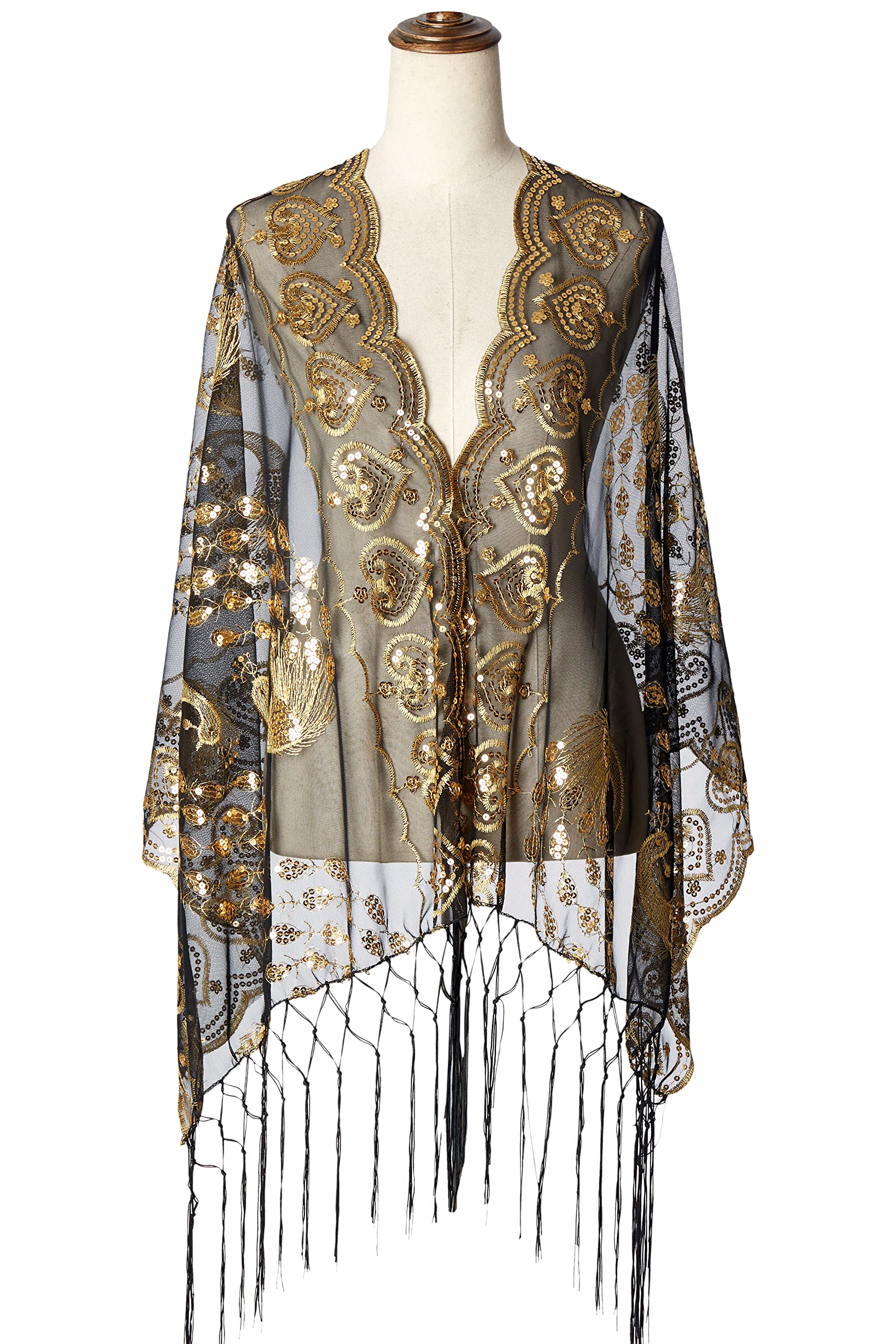 BABEYOND 1920s Sequined Peacock Shawl Wraps Fringed Evening Cape Wedding Bridal Shawl Scarf for Evening Dresses Party
