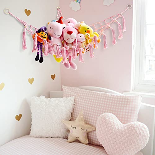 Pink Hammock with Wooden Beads and Fringe Toy Storage, Boho Room Decor, Bedroom Decor, Plush Toy Storage for Kids, Girls Bedroom Storage