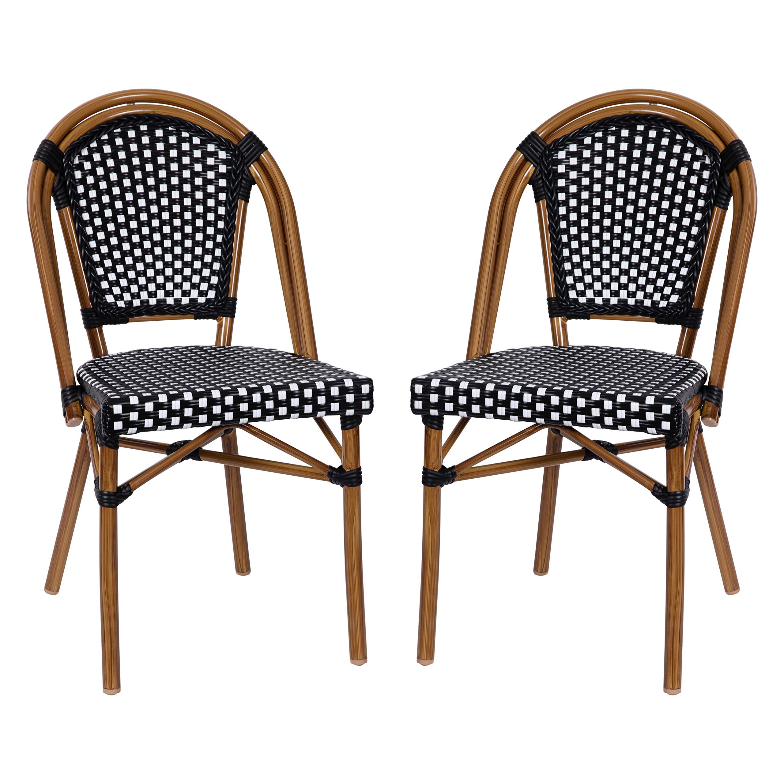 Merrick Lane Sacha Bistro Chair - Black & White Woven PE Seat and Back - Bamboo Finish Aluminum Frame - for Indoor/Outdoor Use - Set of Two