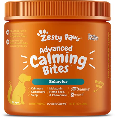Zesty Paws Calming Chews for Dogs - Composure & Relaxation for Everyday Stress & Separation - with Ashwagandha, Organic Chamomile, L-Theanine & L-Tryptophan â Turkey Melatonin - 90 Count