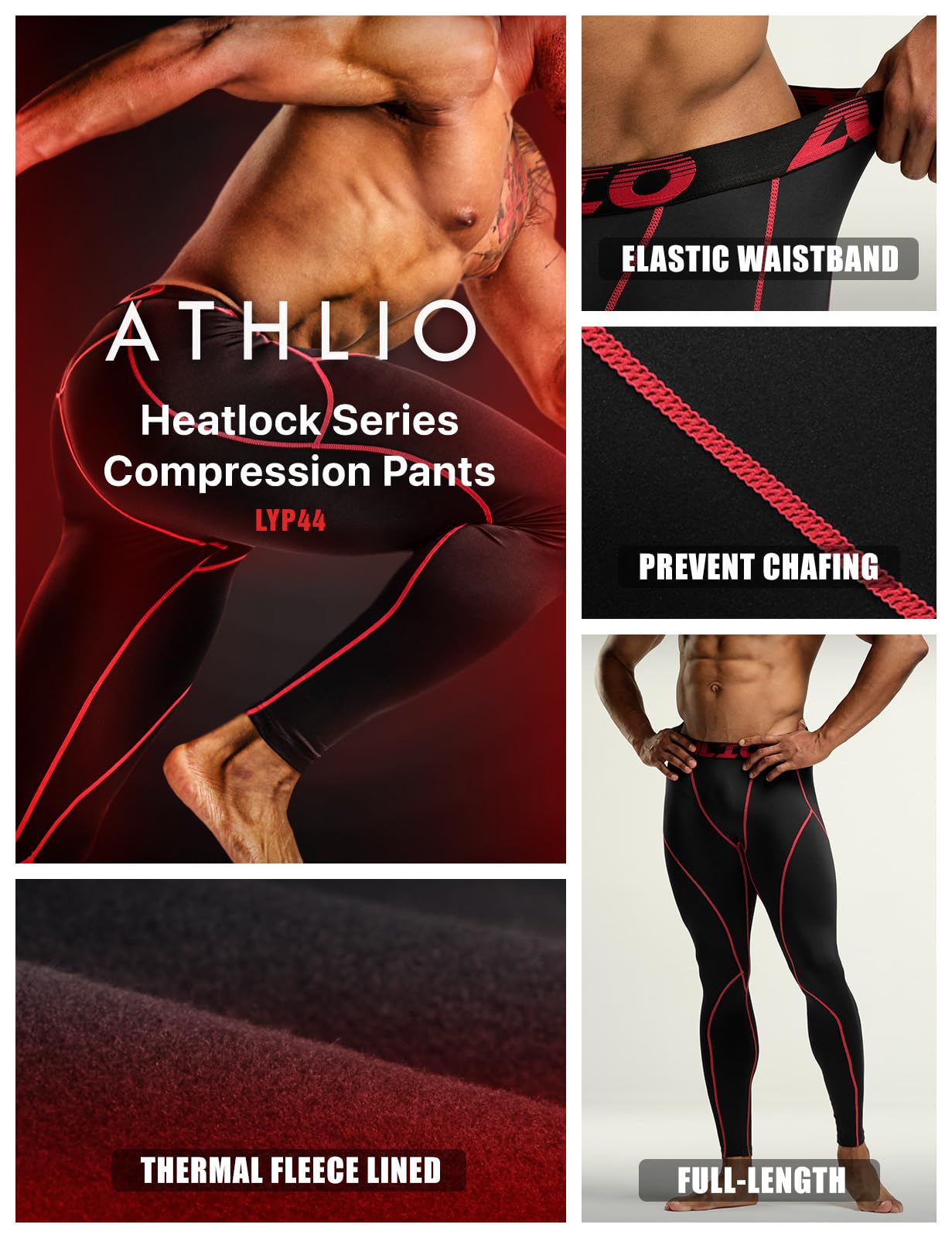 ATHLIO Men's Thermal Compression Pants, Athletic Running Tights & Sports Leggings, Wintergear Base Layer Bottoms, 3pack Thermal Pants Black/Black & Red/Charcoal, X-Large
