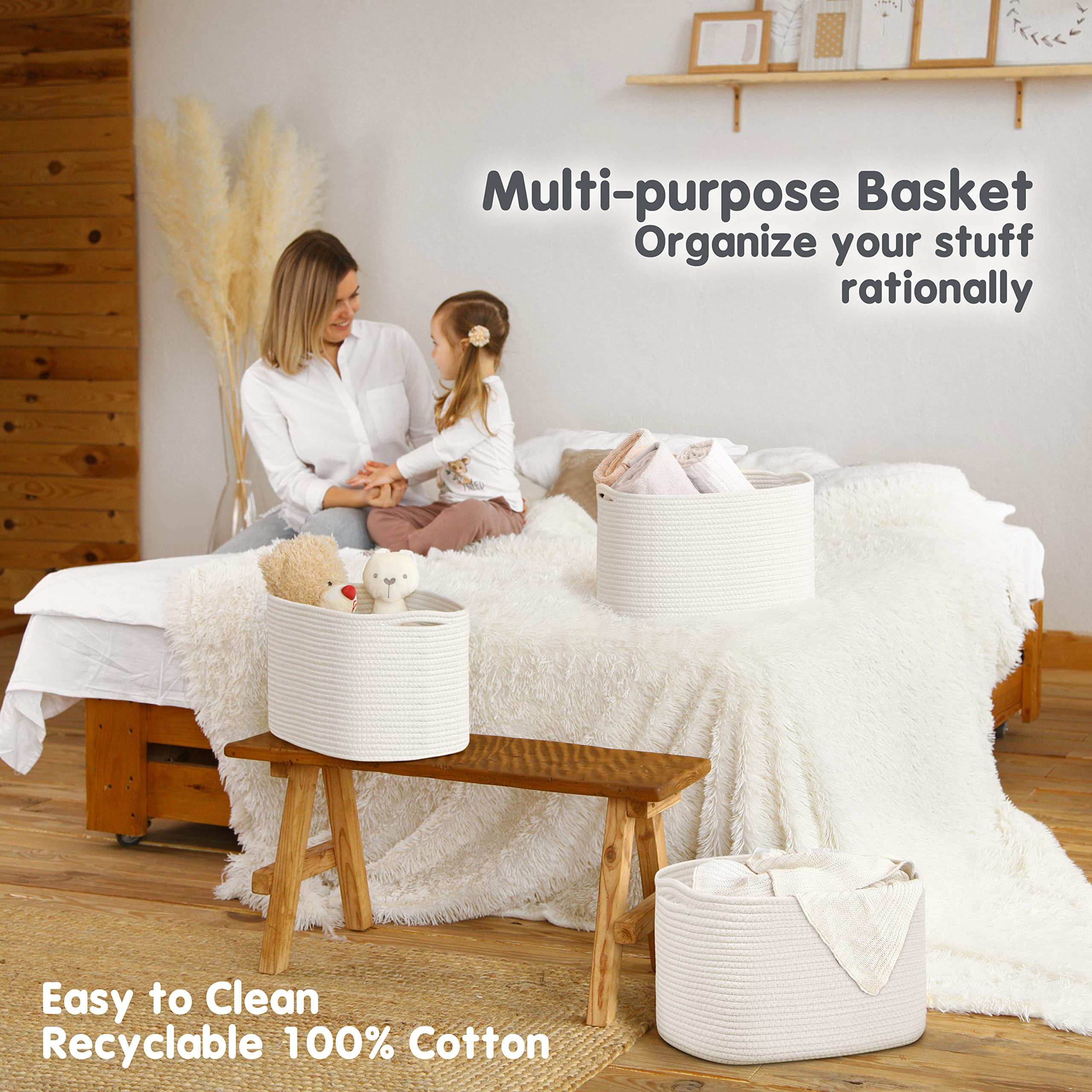 CHAT BLANC Cotton Rope Basket Blanket Storage for Living Room 15.8"x15.8"x13.8" | Baby Toy Storage Basket | Woven Basket | Large Baskets for Organizing, Graphite