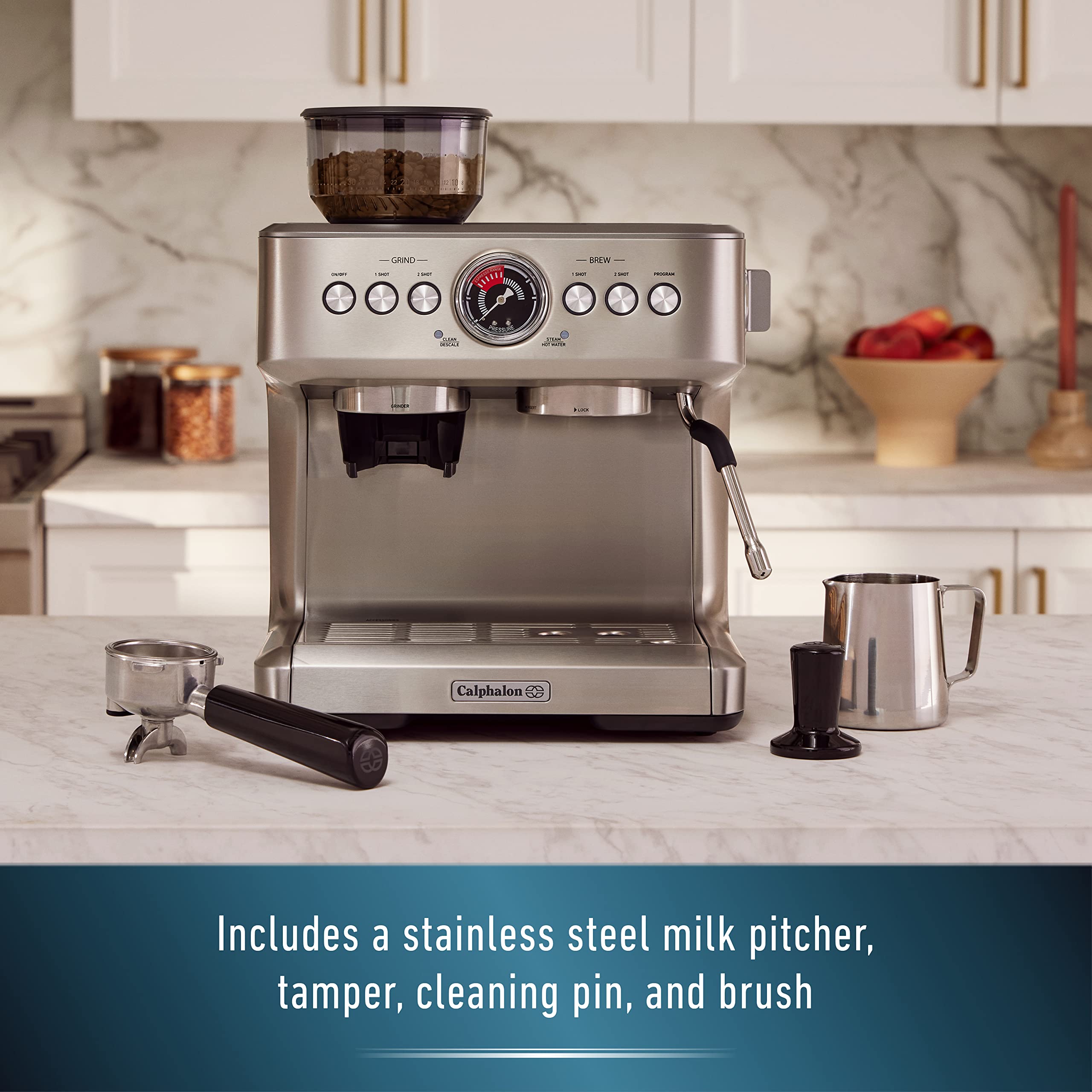 Calphalon Temp iQ Espresso Machine with Grinder, Dual Thermoblock, and Milk Frother, Home Espresso Machine, Stainless Steel