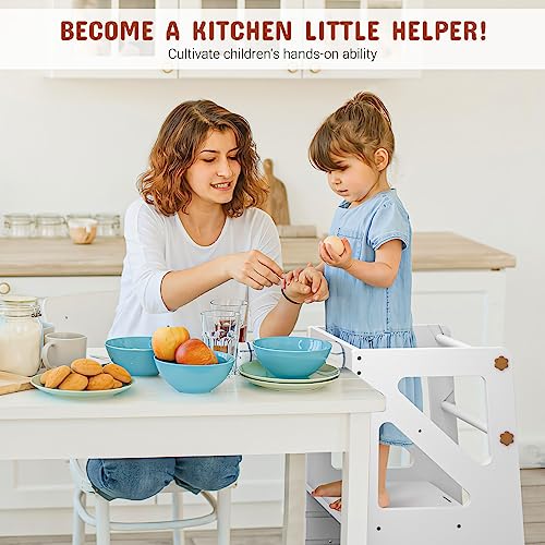 Rendpas Toddler Step Stool With Meal Tray, Wooden Kids Learning Tower For Kitchen Helper and Convertible High Chair, Adjustable Bathroom Step Stool With Safety Rail (White)