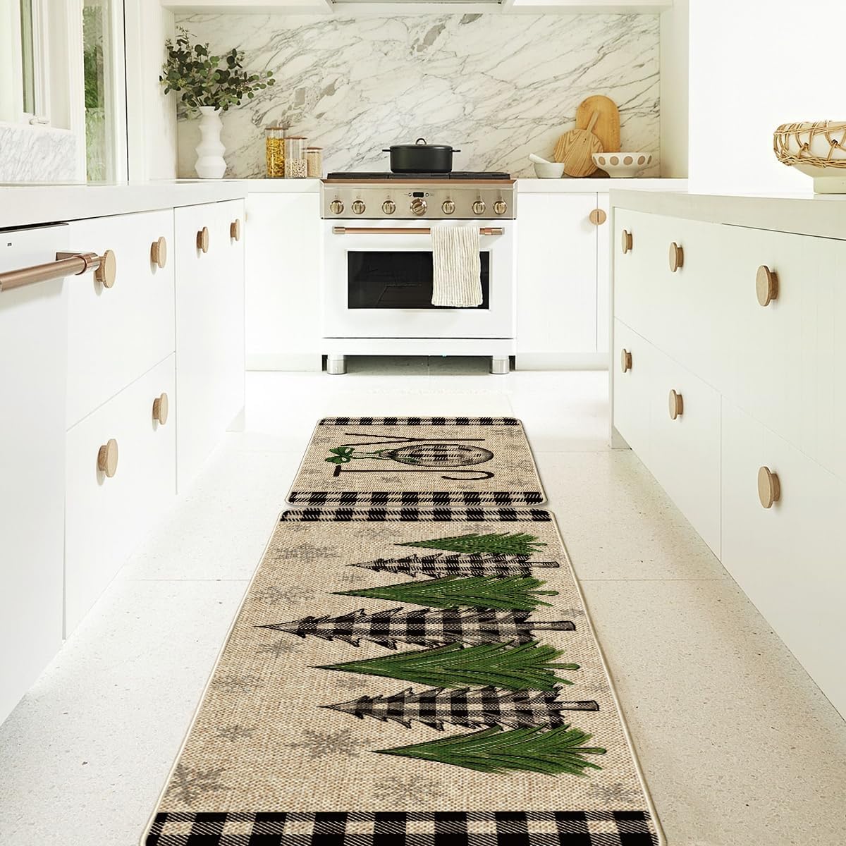 Artoid Mode Buffalo Plaid Xmas Trees Joy Christmas Kitchen Mats Set of 2, Winter Home Decor Low-Profile Kitchen Rugs for Floor - 17x29 and 17x47 Inch