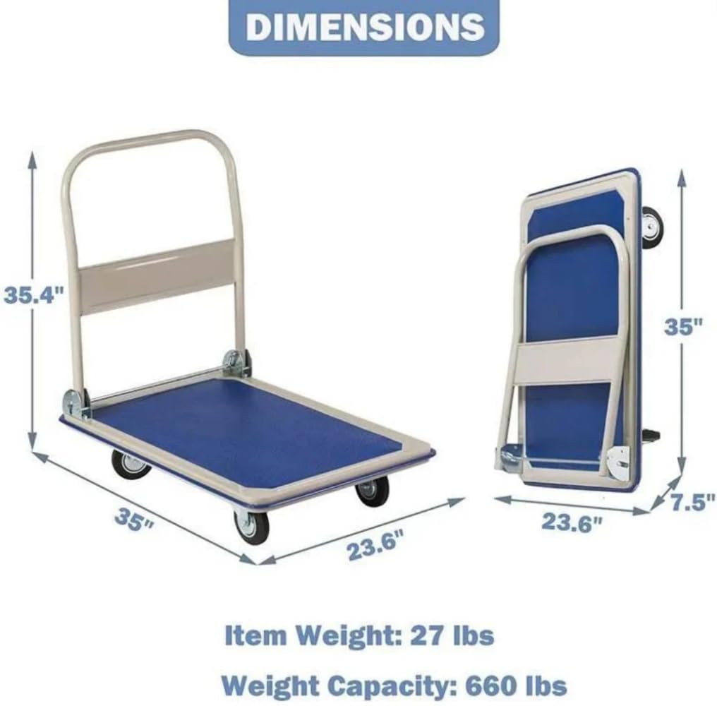 Auroglint-Folding Platform Cart Heavy Duty Hand Truck Moving Push Flatbed Dolly Cart for Warehouse Home Office, 660 lbs Weight Capacity