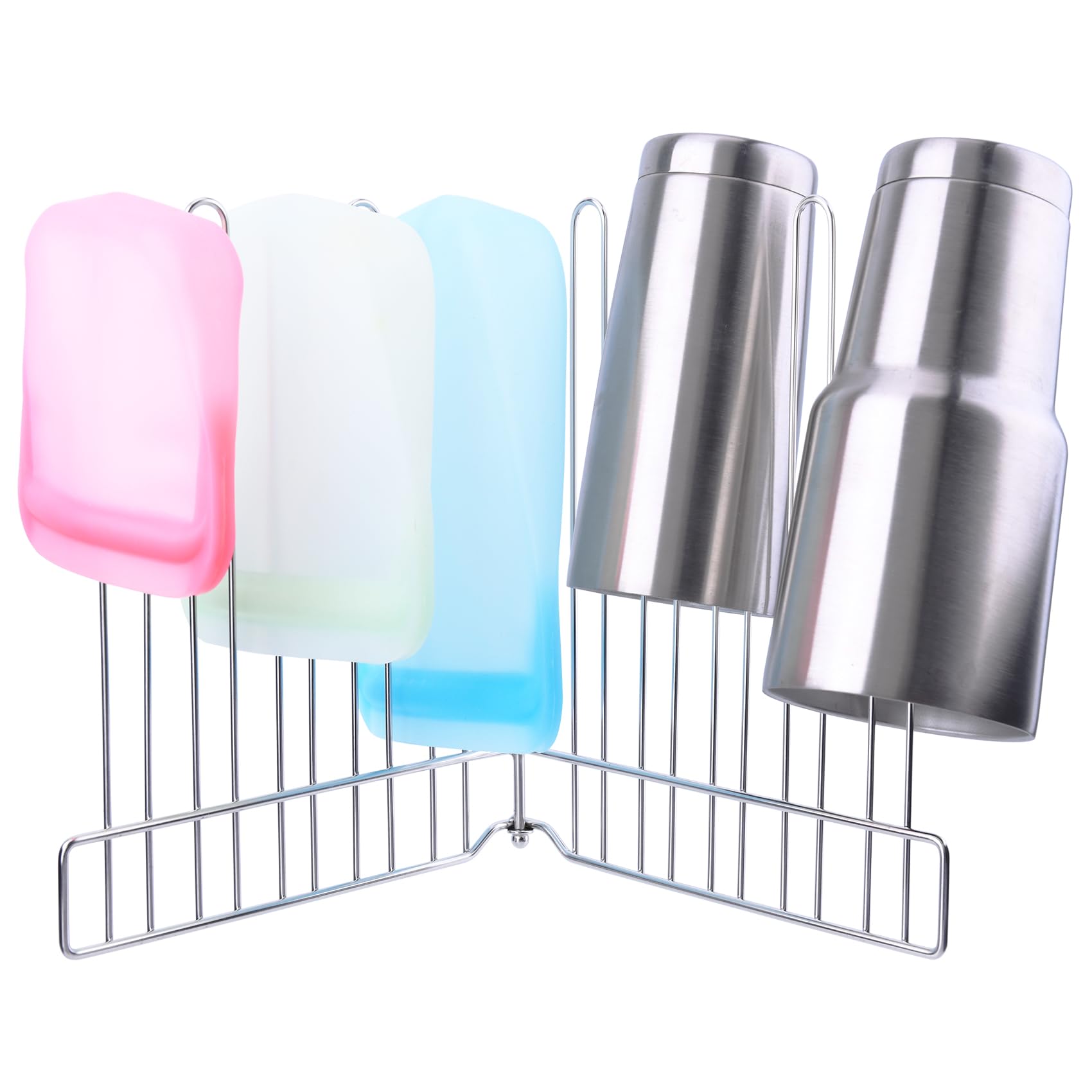LEKUSHA Reusable Bag Drying Rack, Foldable Freezer Bag Dryer, SUS304 Stainless Steel Drying Stand for Gallon, Quart, Sandwich, Snack Bag, Plastic Silicone Storage Bag