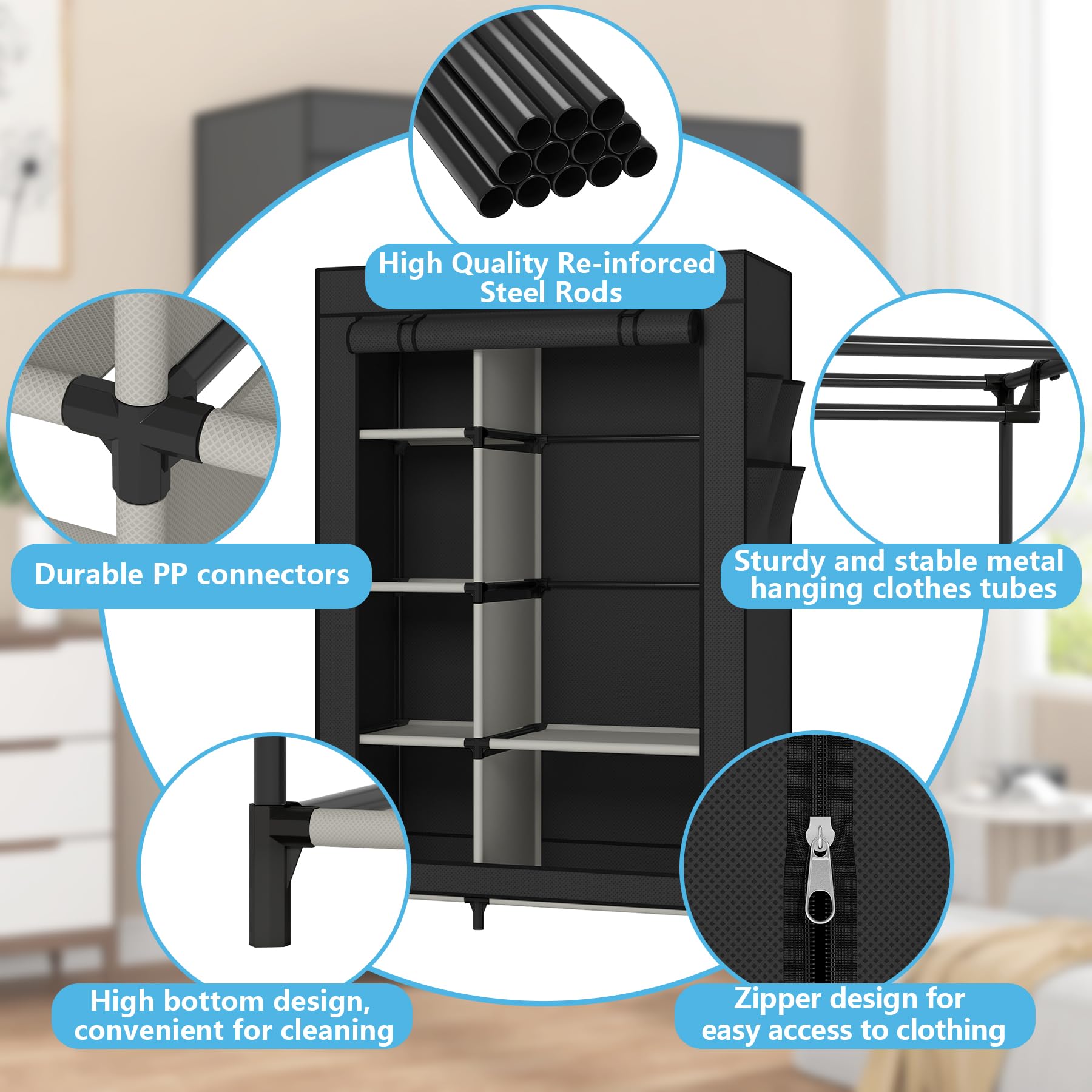 Calmootey Portable Closet Organizers, Clothing Storage, Wardrobe with 6 Shelves and Hanging Rod, Non-Woven Fabric Cover with 4 Side Pockets, Black