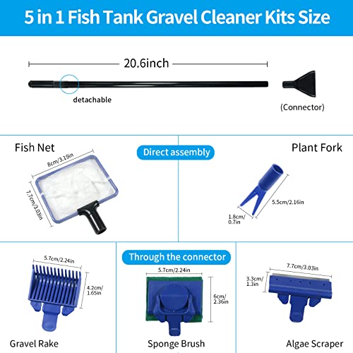 Fish Tank Cleaning Tools, Aquarium Cleaning Kit, Betta Fish Tank Accessories, Aquarium Gravel Cleaner, Algae Scrapers 5 in 1 Kit for Water Change and Sand Cleaner, Long Siphon Nozzle with Valve