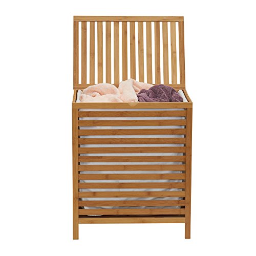 Household Essentials 6216-1 Natural Bamboo Laundry Hamper with Hinged Lid and Cotton Liner Large