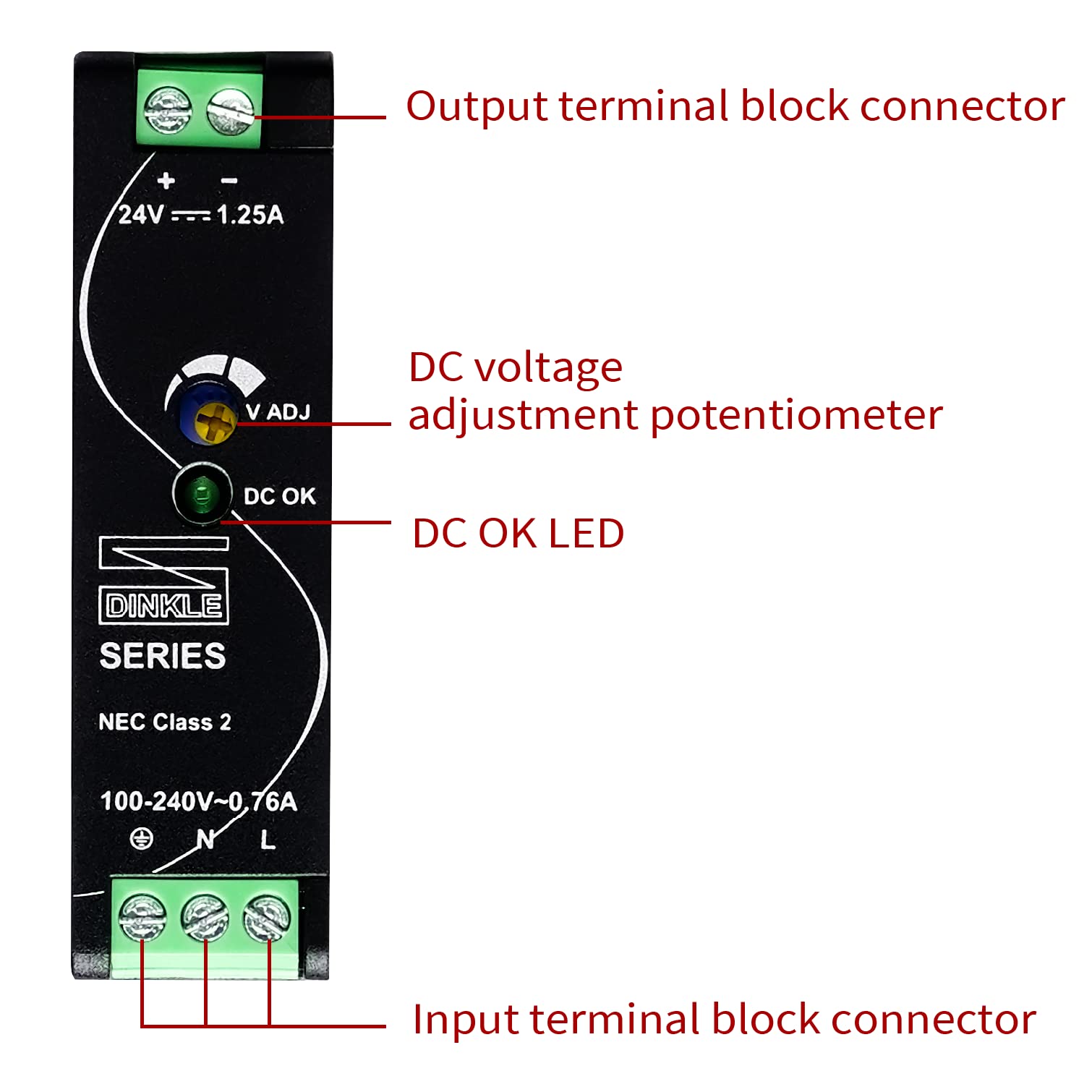 Dinkle Din Rail Power Supply 240W 24Vdc,10A, 1 Single-Phase, 0165N-24V240W1ACQ