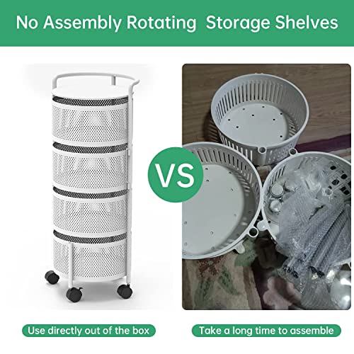 Rotating Storage Shelves Rack for Kitchen, 4-Tier Multi Layer Removable Basket Shelf Organizer on Rolling Wheels for Fruit Vegetable Grocery Corns Potato Onion (4-Tier , White)