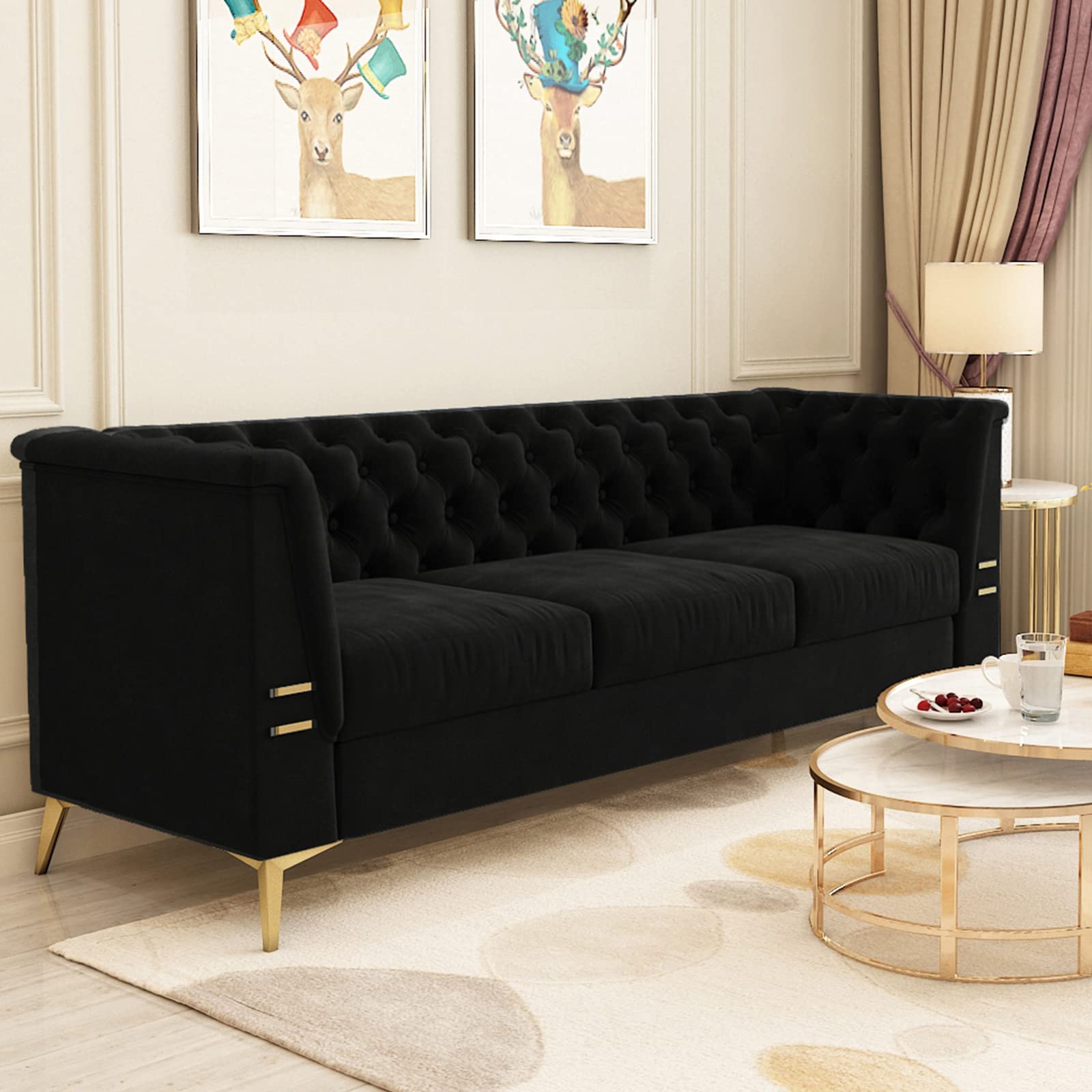 Tomkate Chesterfield Sofa, 82" Velvet Upholstered 3 Seater Couches with Flared Arms and Removable Cushions, Mid-Century Modern Sofa Couch with Solid Wood Frame and Gold Legs for Living Room (Black)