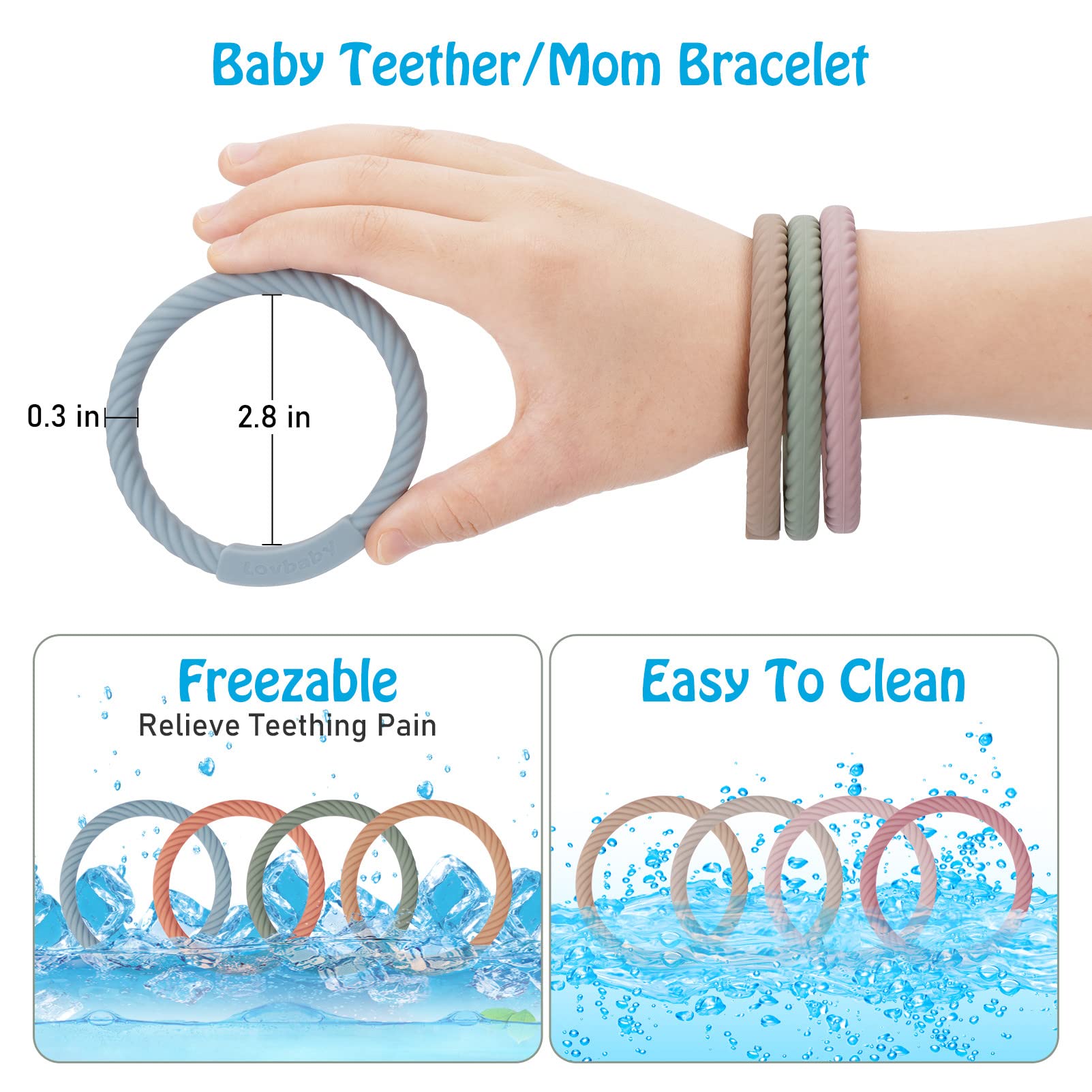 Baby Teething Rings,Baby teether Toys, Soft Silicone Teether Bracelets for 3+Month Babies,Wearable as Mom Bracelets,Baby chew Toys,BPA Free,4 Pack (Ether+Sage+Muted+Apricot)