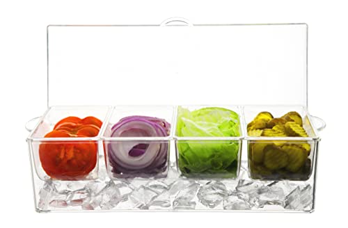Oaklyn Large Clear Condiment Server Organizer on Ice with Containers and Lid โ BPA-Free Serving Bar Compartments and Plastic Box Tray โ Chilled Caddy Dispenser Set - Holds 80 oz Total