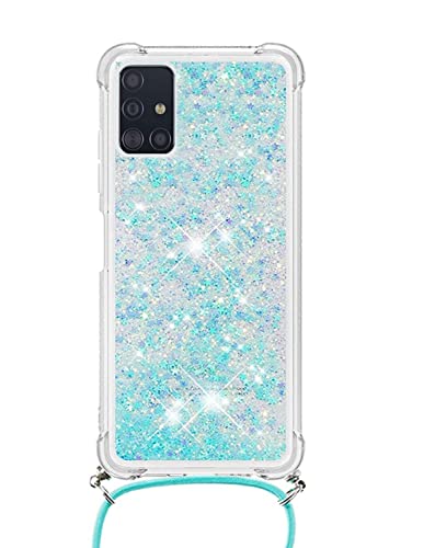 HOUSON for Samsung Galaxy A51 4G Case, Moving Liquid Holographic Sparkle Glitter Case with Crossbody Lanyard Strap, Girls Women Bling Diamond Ring Slim Protective Case for Galaxy A51 4G Blue