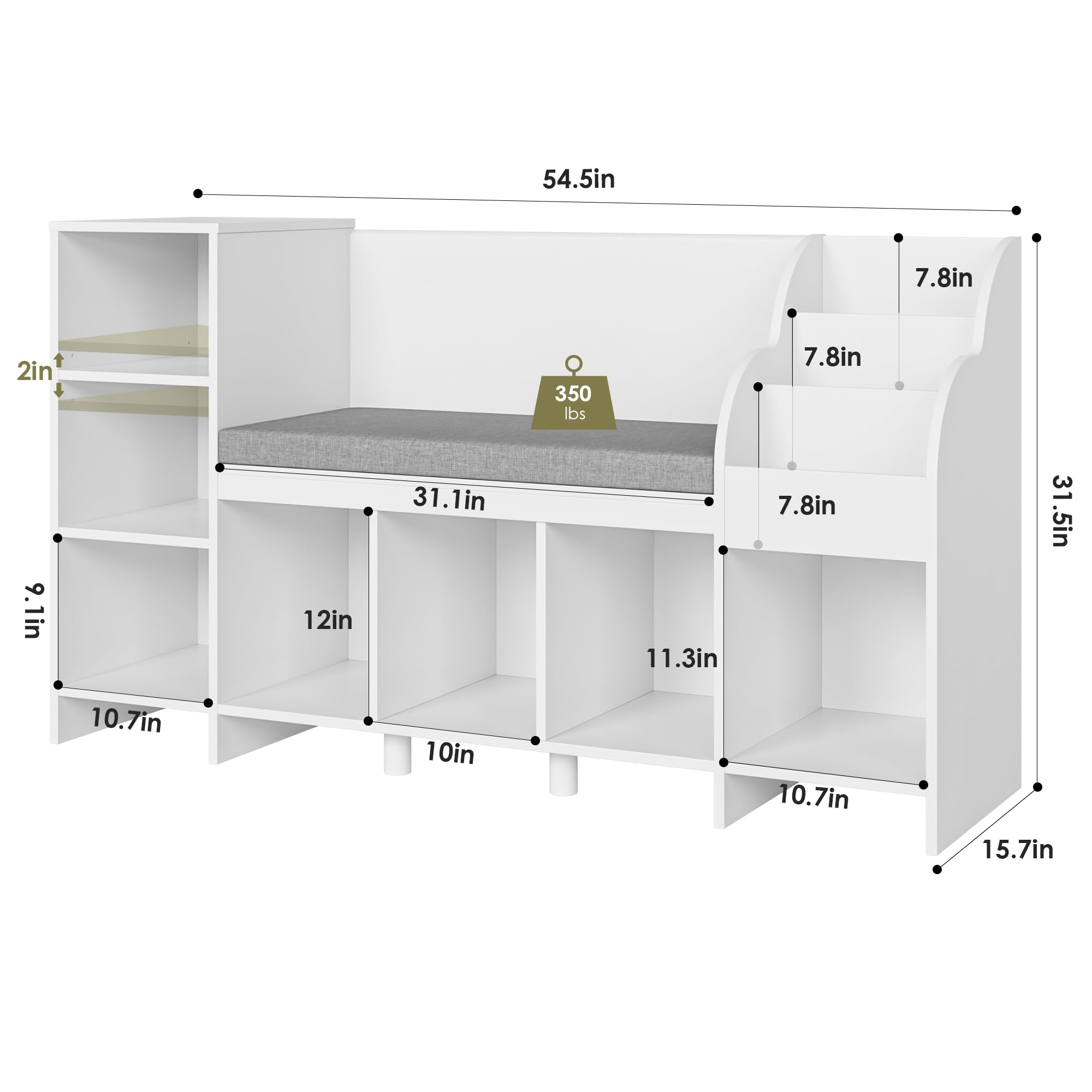 HOSTACK Kids Reading Nook, Nursery Bookshelf and Bookcase with Bench, Book Shelf Organizer with Seat Cushion and 6 Storage Cubbies for Playroom, Bedroom, White