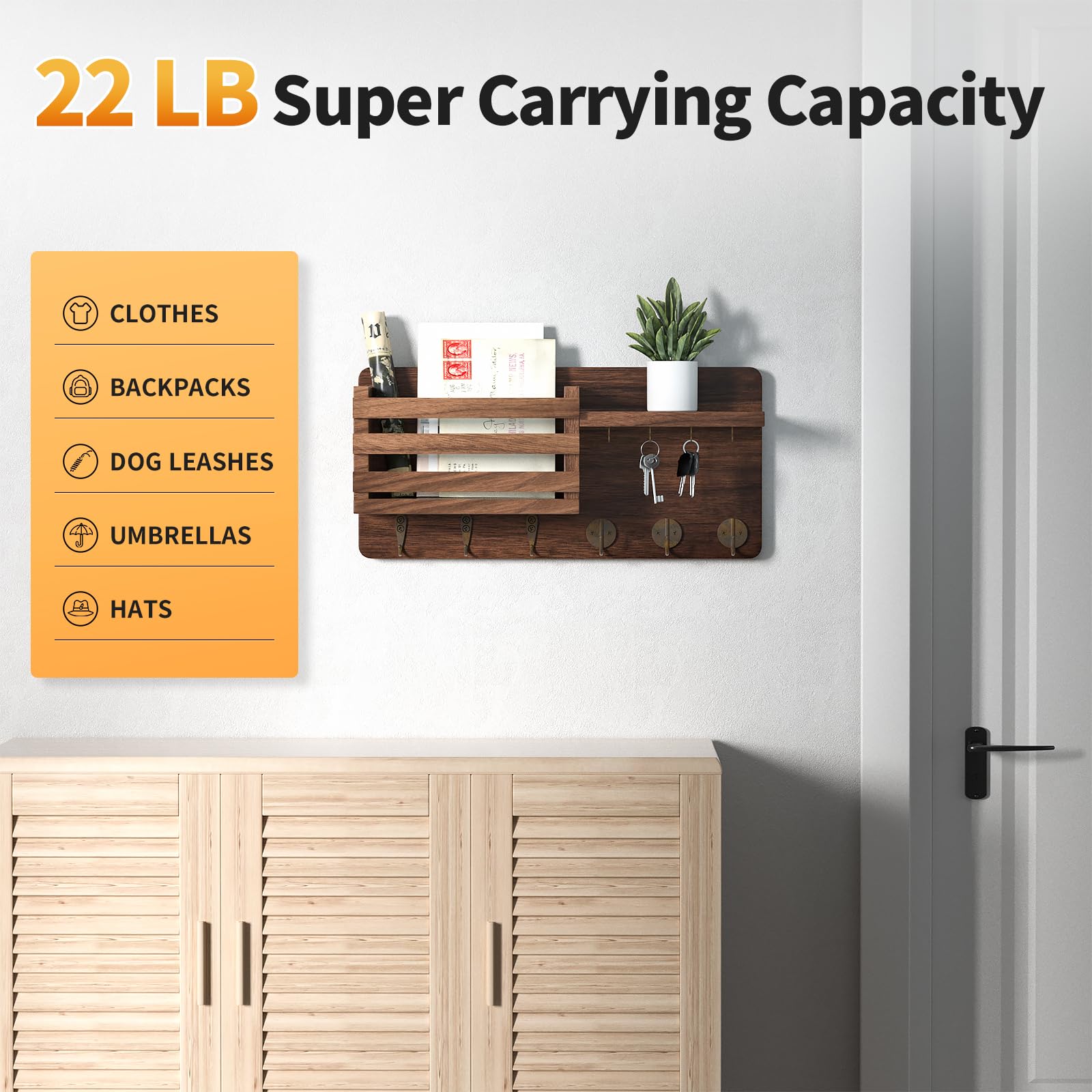 Key Holder for Wall, Key Hanger Wall Mount Hallway Farmhouse Decor, Mail Holder with 10 Key Hooks, Modern Key Rack with Floating Shelf, Mail Organizer and Key Hanging 2-in-1 Storage Rack
