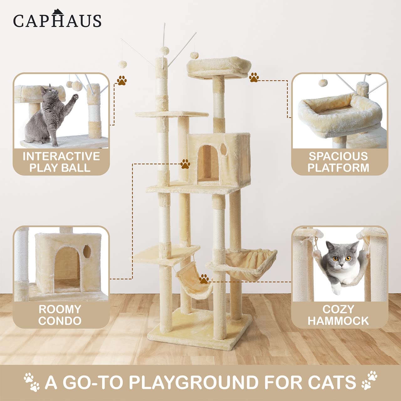 CAPHAUS 70-Inch Activity Tree with Hammock, Multi-Level Modern Cat Climbing Play Tower w Tall Top Perch, Cat Cave Condo, Indoor Cat Treew Cute Scratching Posts for Large Cats Kittens