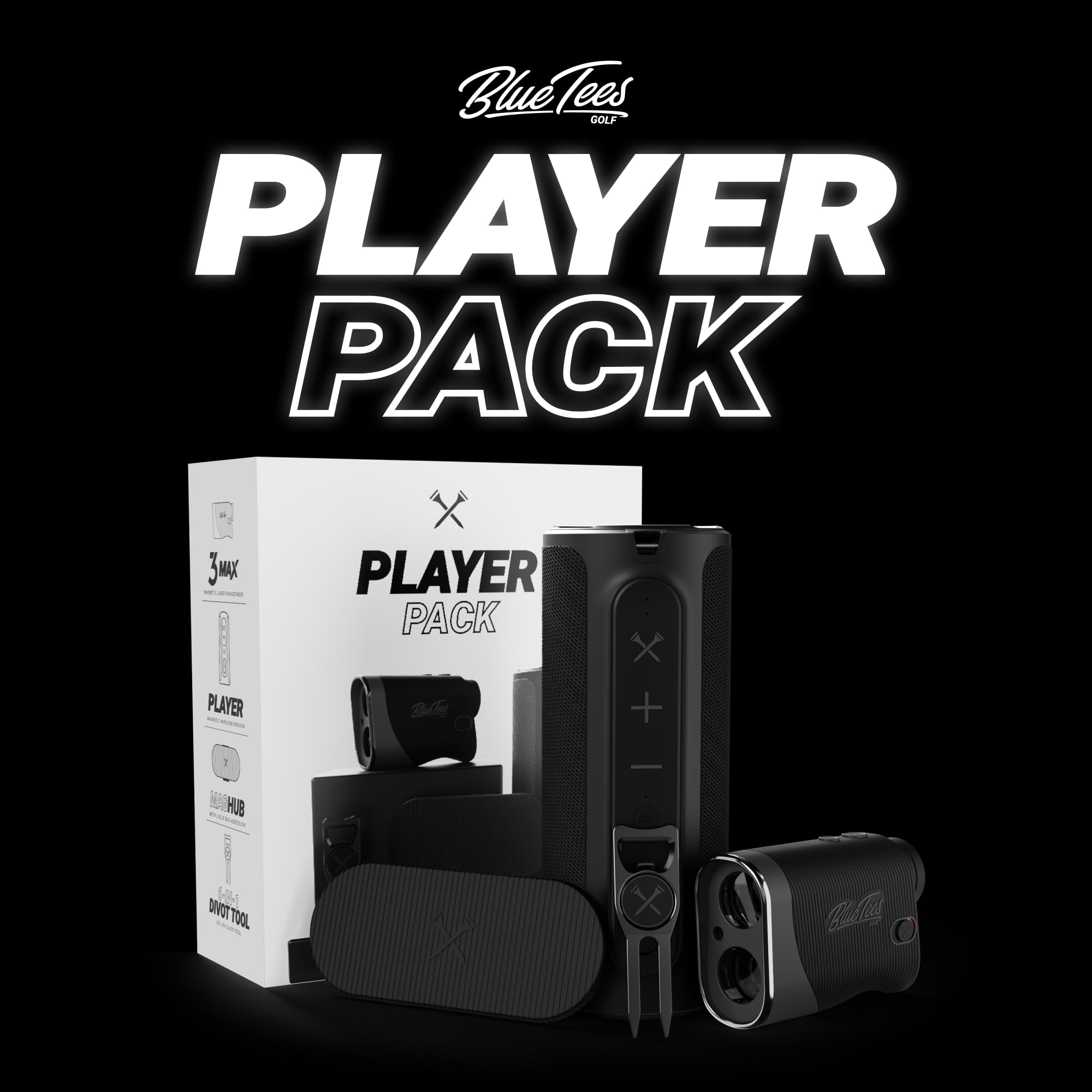 Blue Tees Golf - Player Pack Bundle- Series 3 Max Rangefinder, Magnetic Speaker, Divot Tool & Magnetic Hub - The Golf Bundle to Elevate Your Round